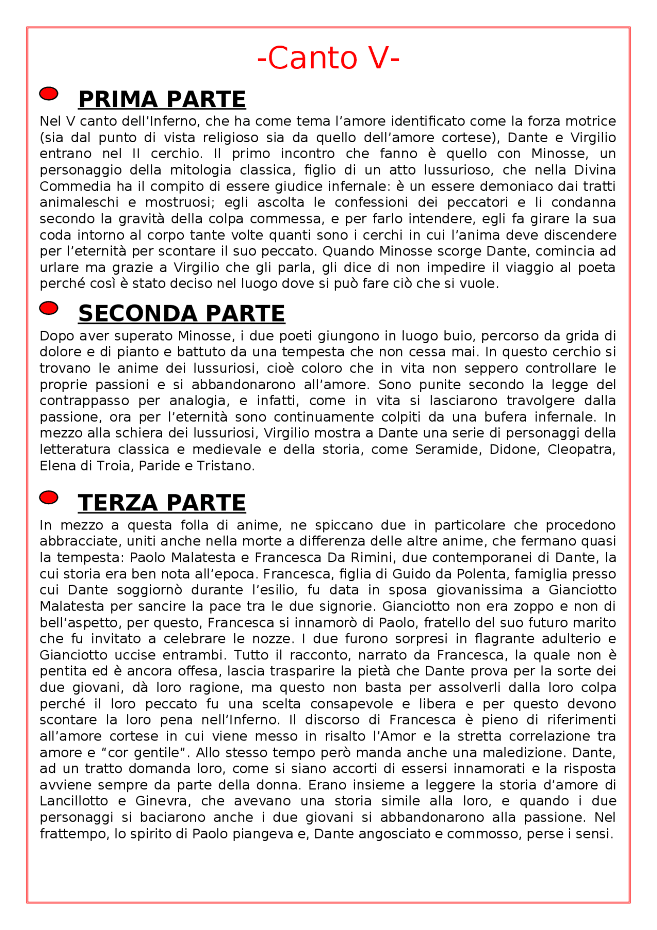 RIASSUNTO DEL CANTO V INFERNO - Docsity