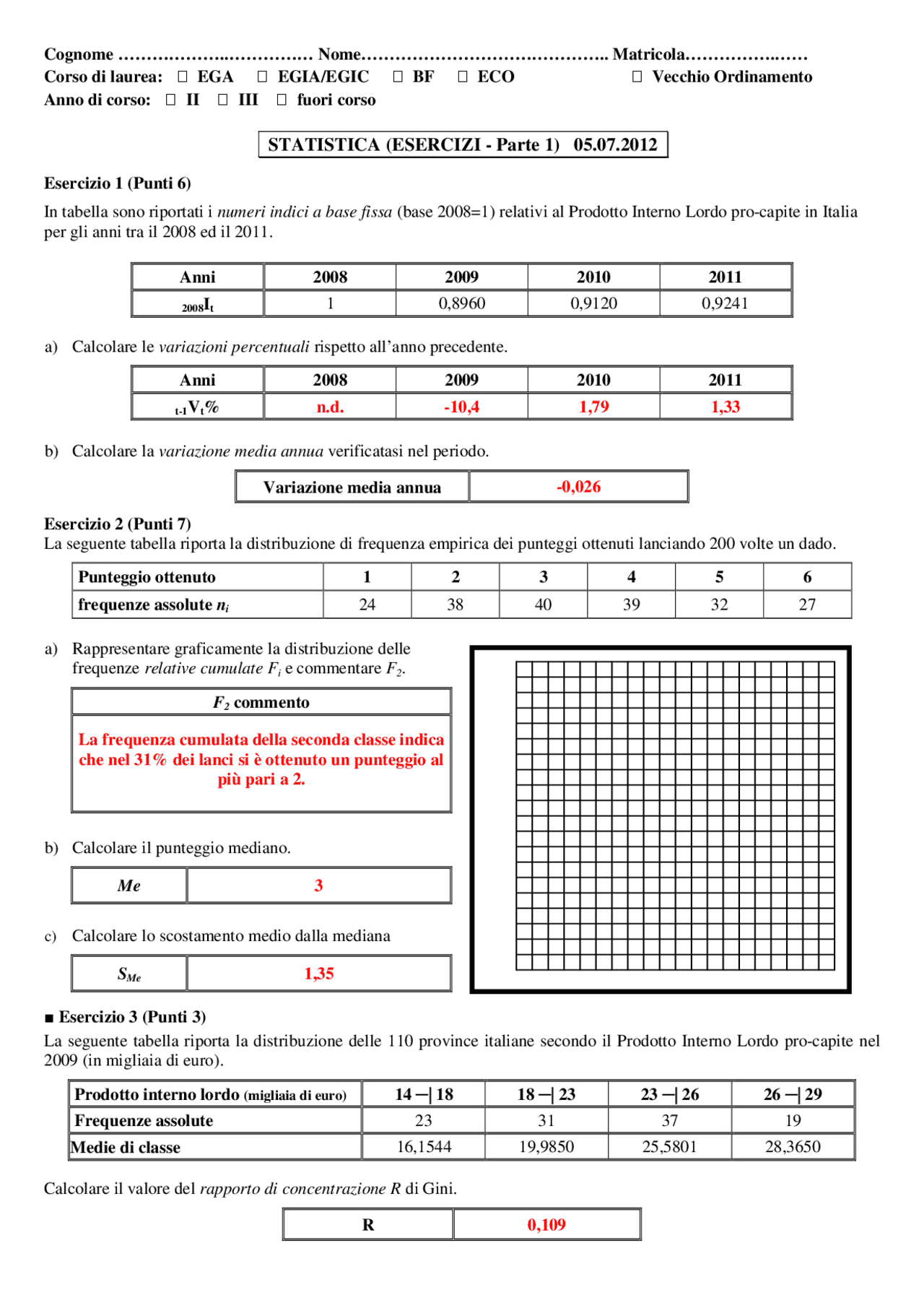 Soluzione Temi Desame Statistica Esercizi Di Statistica Docsity