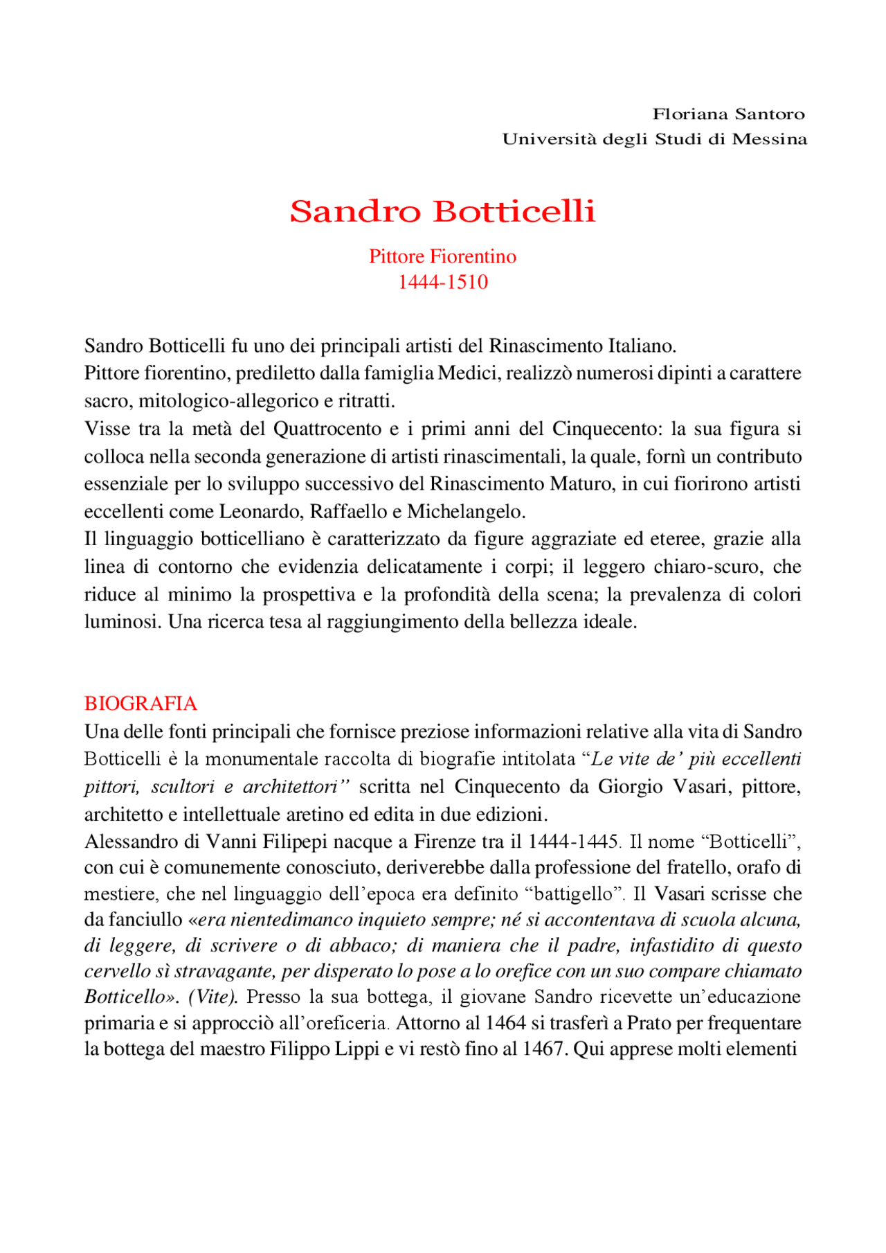 Sandro Botticelli- Vita e opere principali. - Docsity