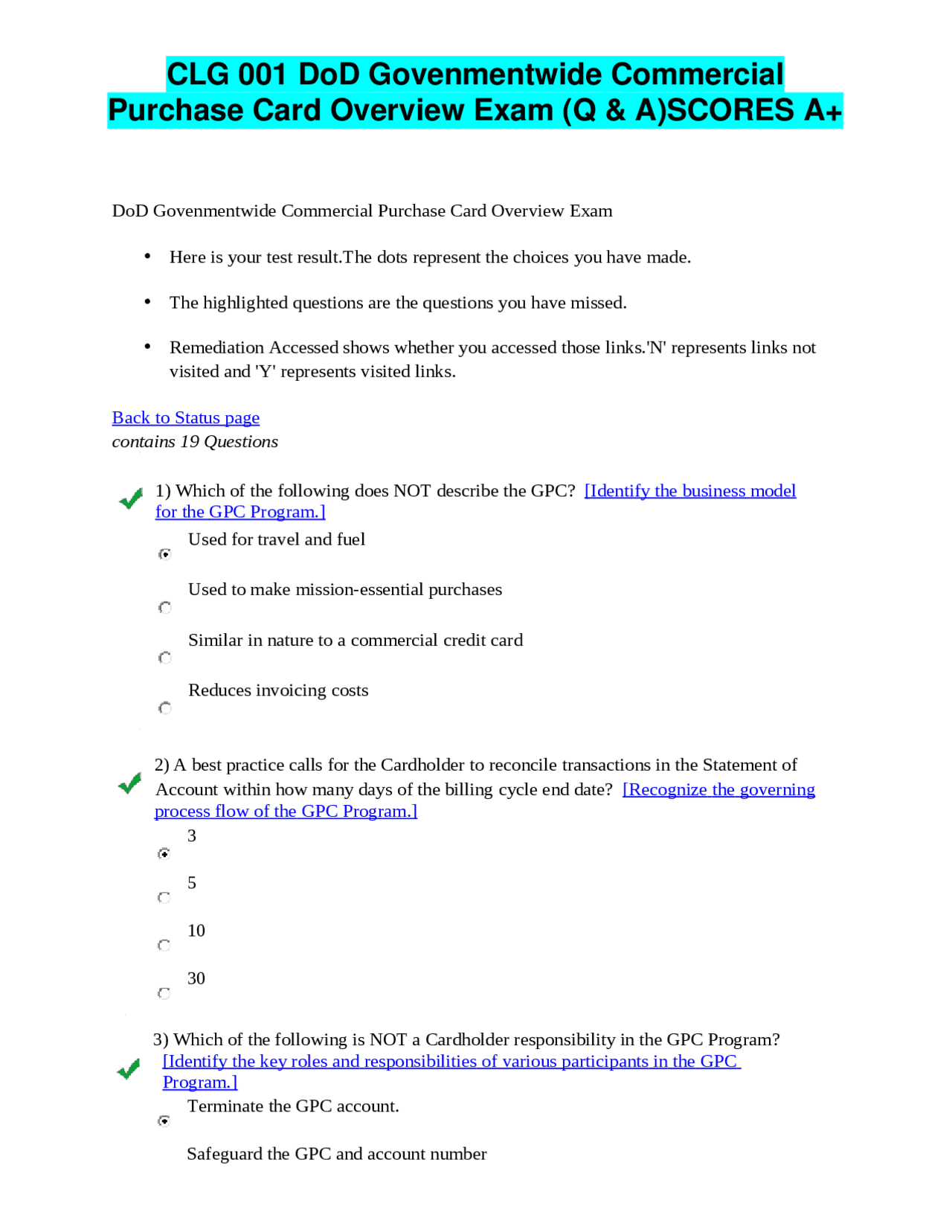 CLG 001 DoD Govenmentwide Commercial Purchase Card Overview Exam (Q & A ...