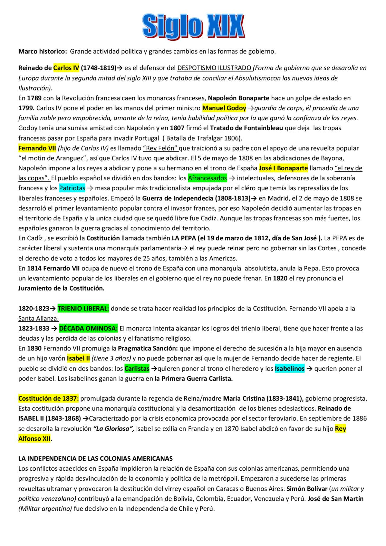 Resumen Del Siglo Xix Docsity
