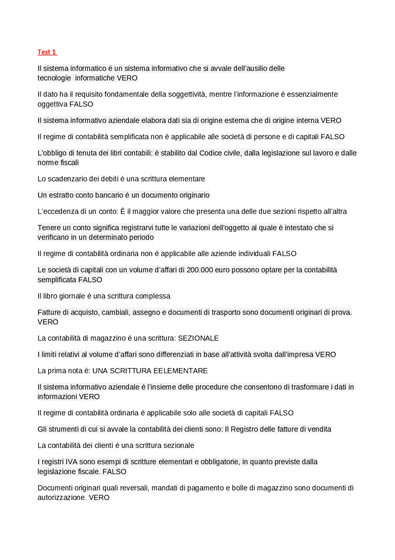 Domande Test Autovalutazione Esercizi Di Ragioneria Applicata Docsity