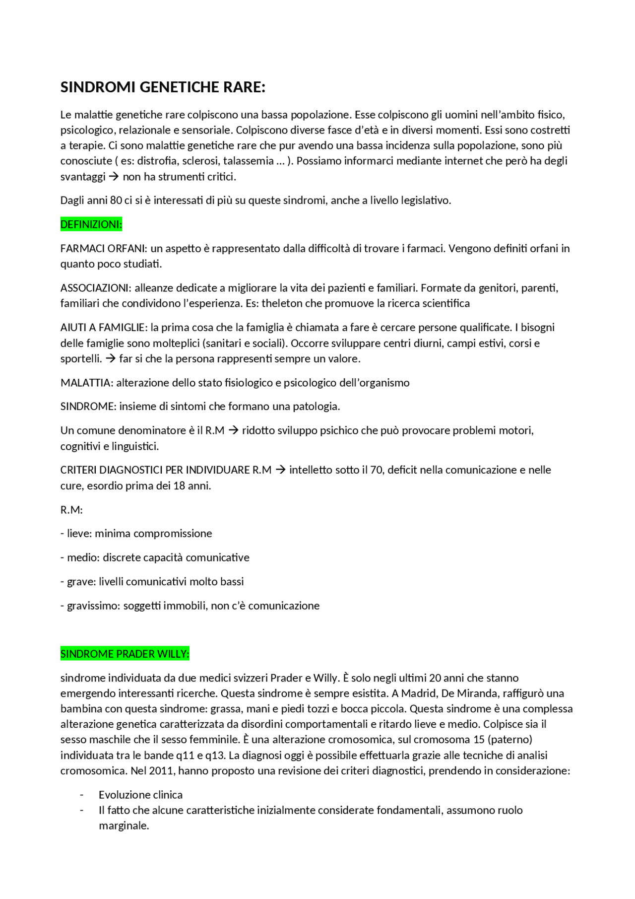 Riassunto Schematico Del Libro Le Sindromi Genetiche Rare Docsity