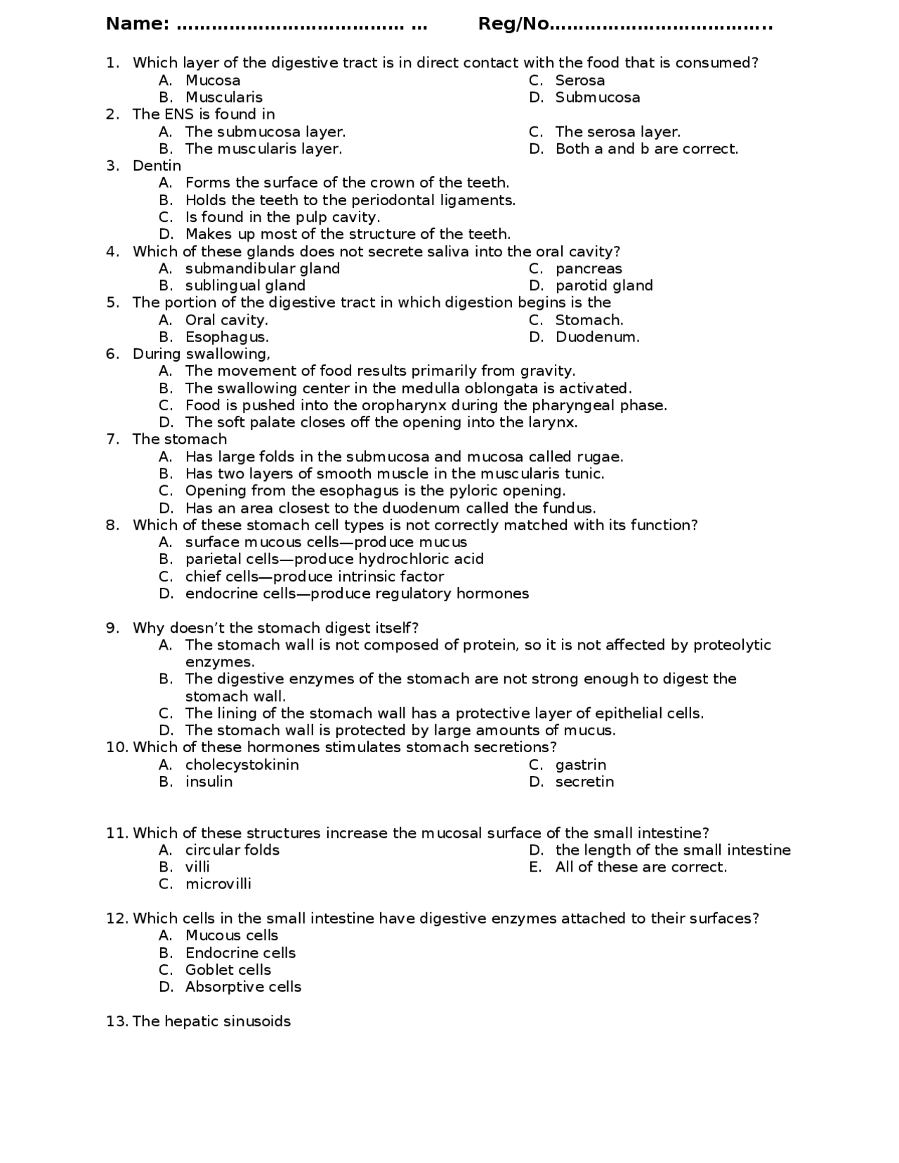 GIT MULTIPLE CHOICE QUESTIONS | Exercises Anatomy | Docsity