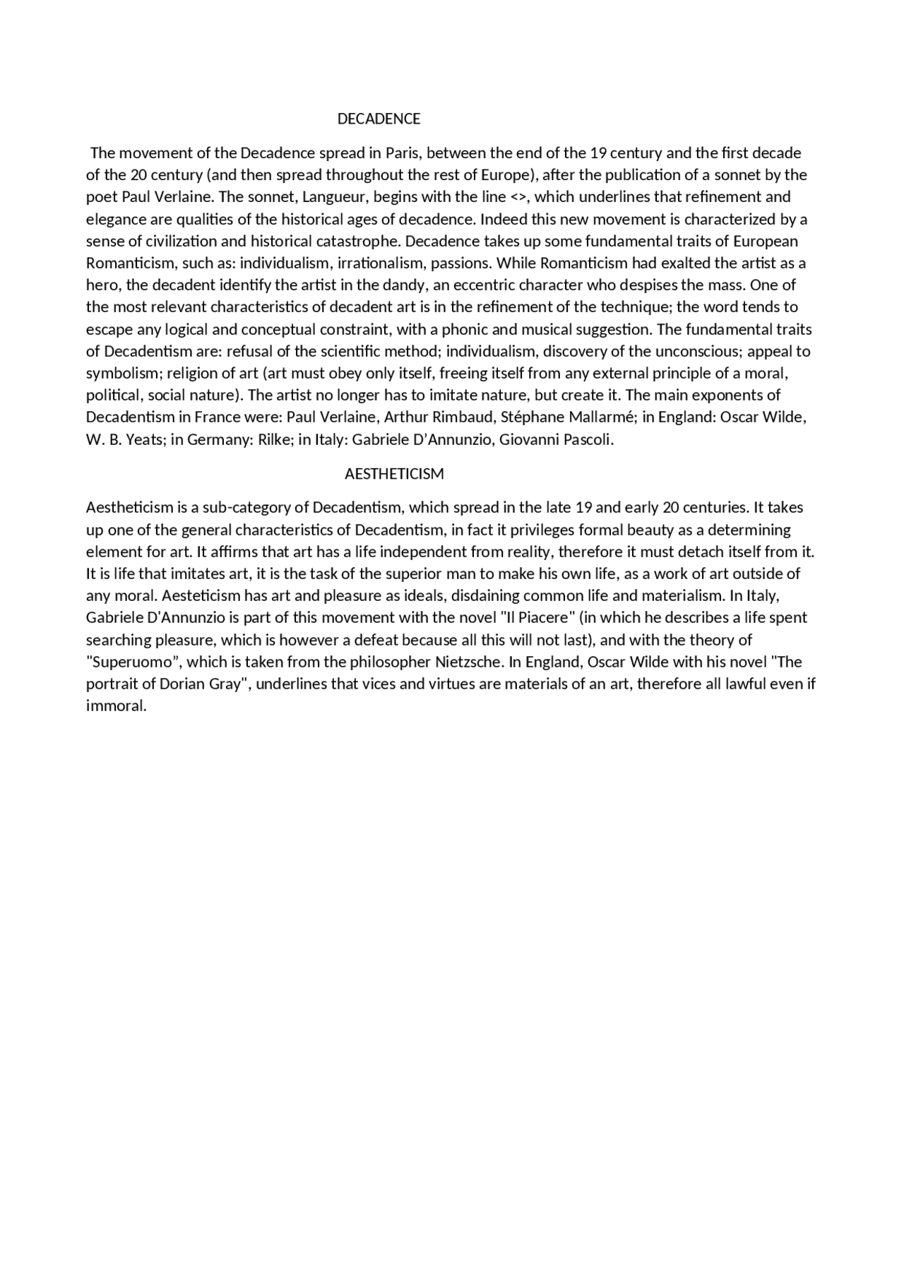 Decadence And Aestheticism Docsity