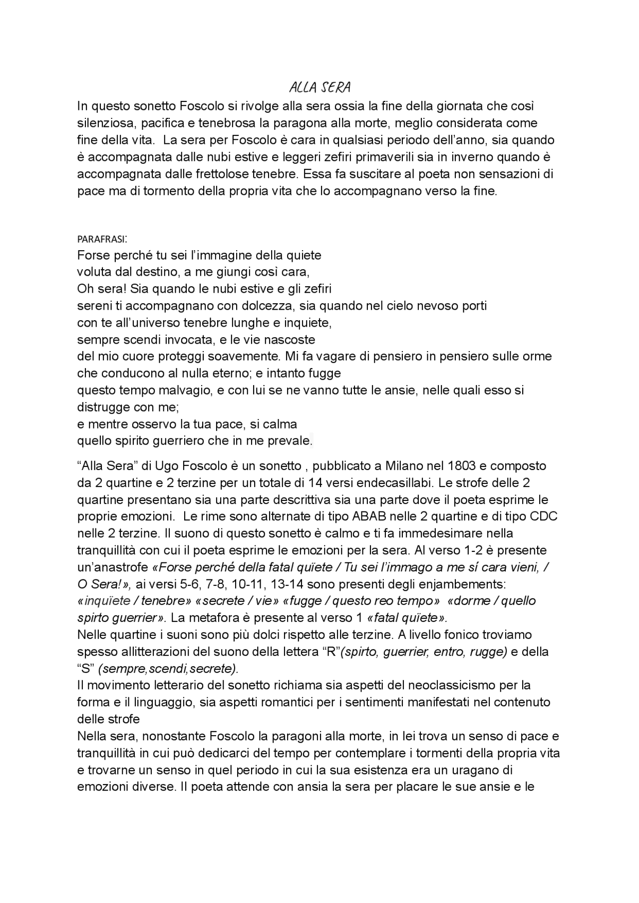 PARAFRASI e ANALISI ALLA SERA - Docsity