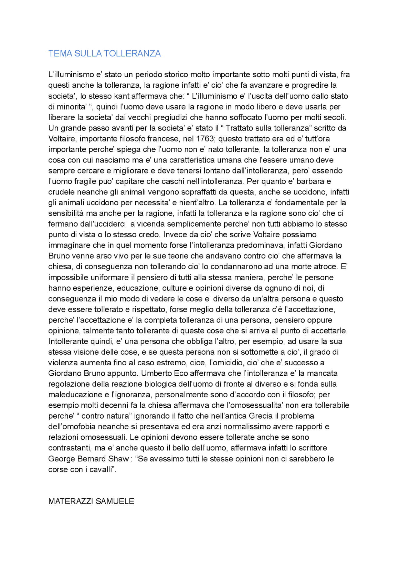 TEMA SULLA TOLLERANZA - Docsity