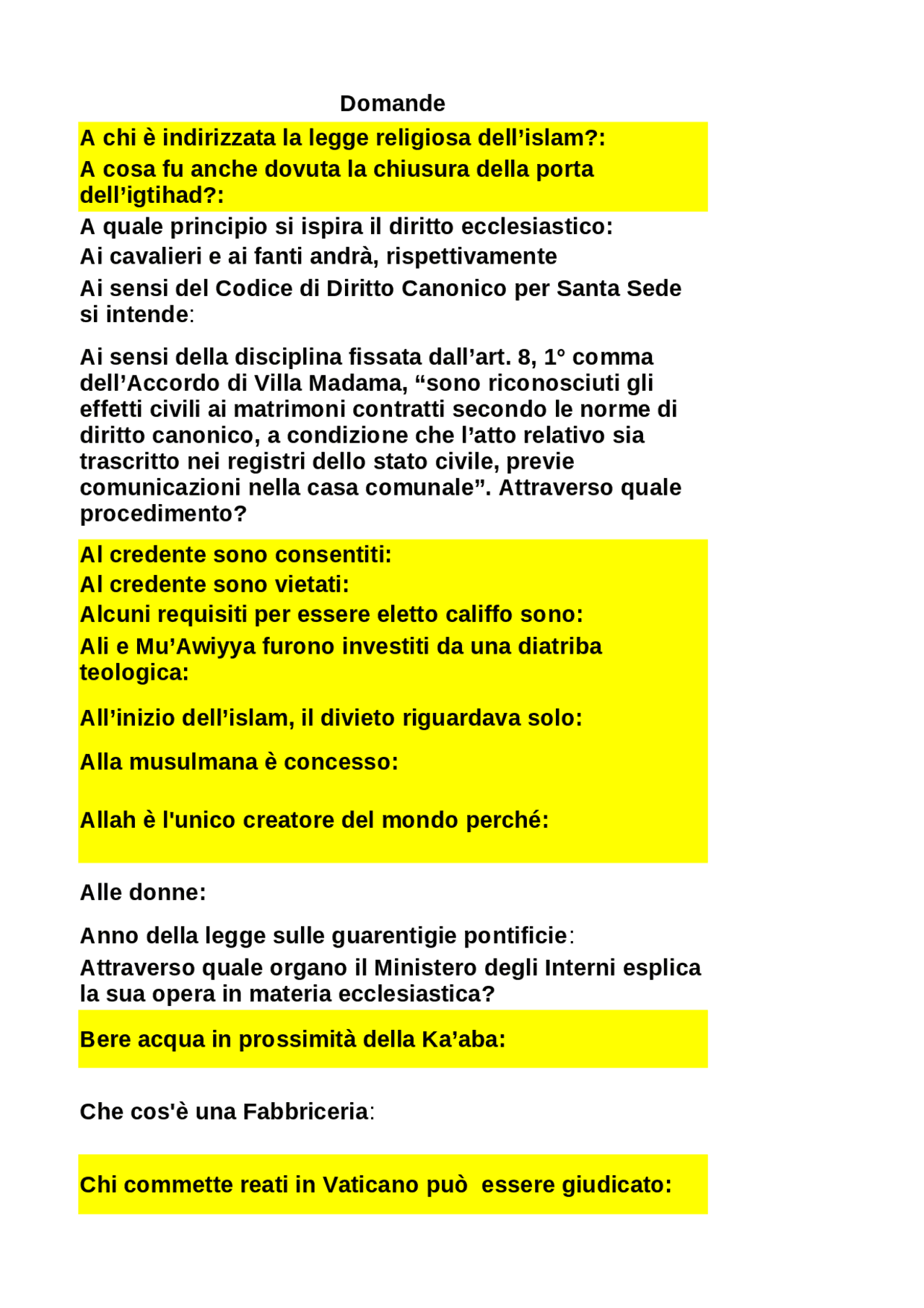 Test Domande E Risposte Di Diritto Ecclesiastico Docsity