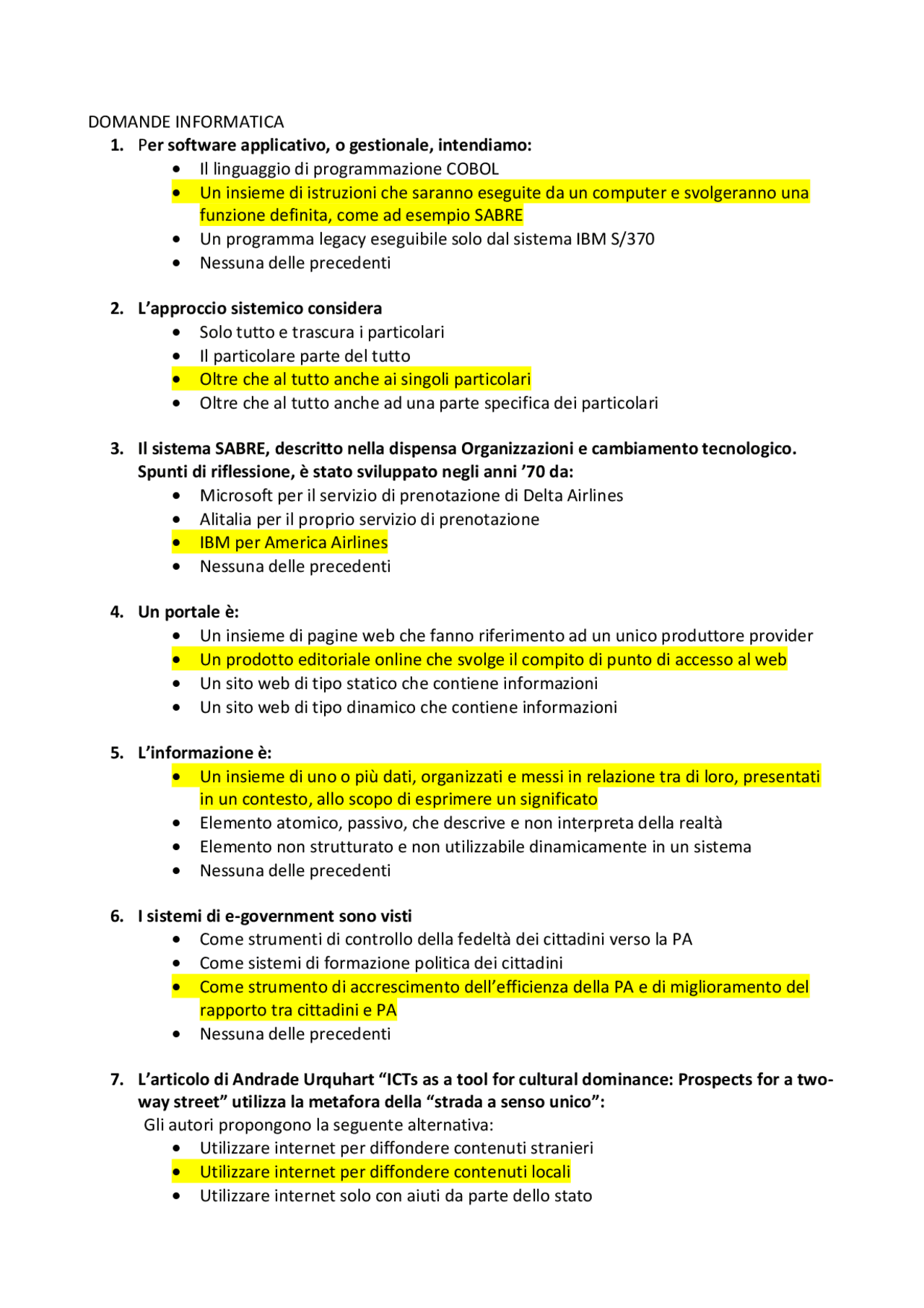 Domande Esame Informatica Lin Unimi Docsity