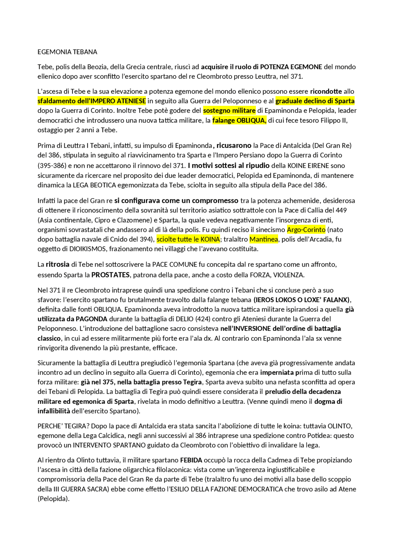 Egemonia Tebana, RIASSUNTO MOLTO DETTAGLIATO. - Docsity