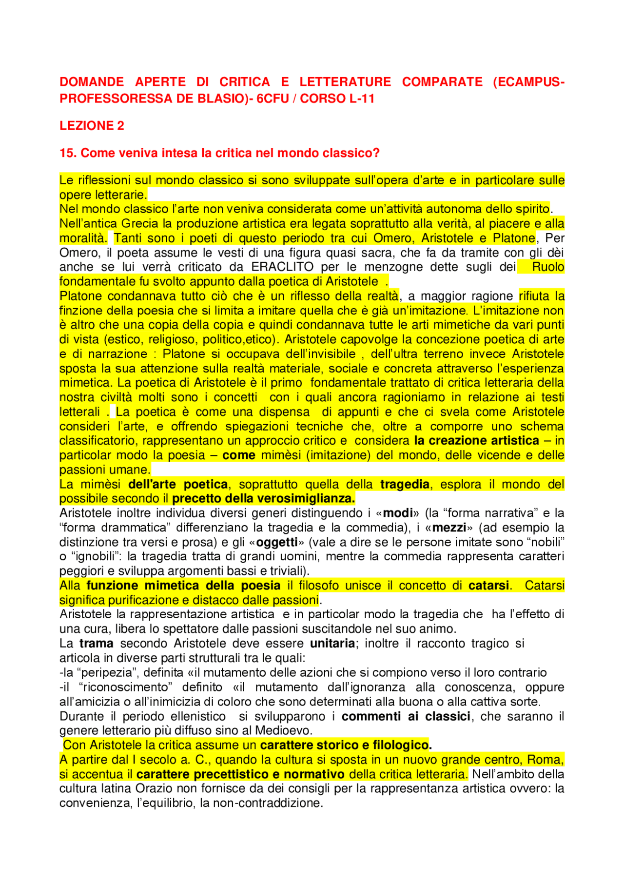 DOMANDE APERTE CRITICA LETTERARIA E LETTERATURE COMPARATE ECAMPUS ( PROF DE BLASIO) 6cfu ...