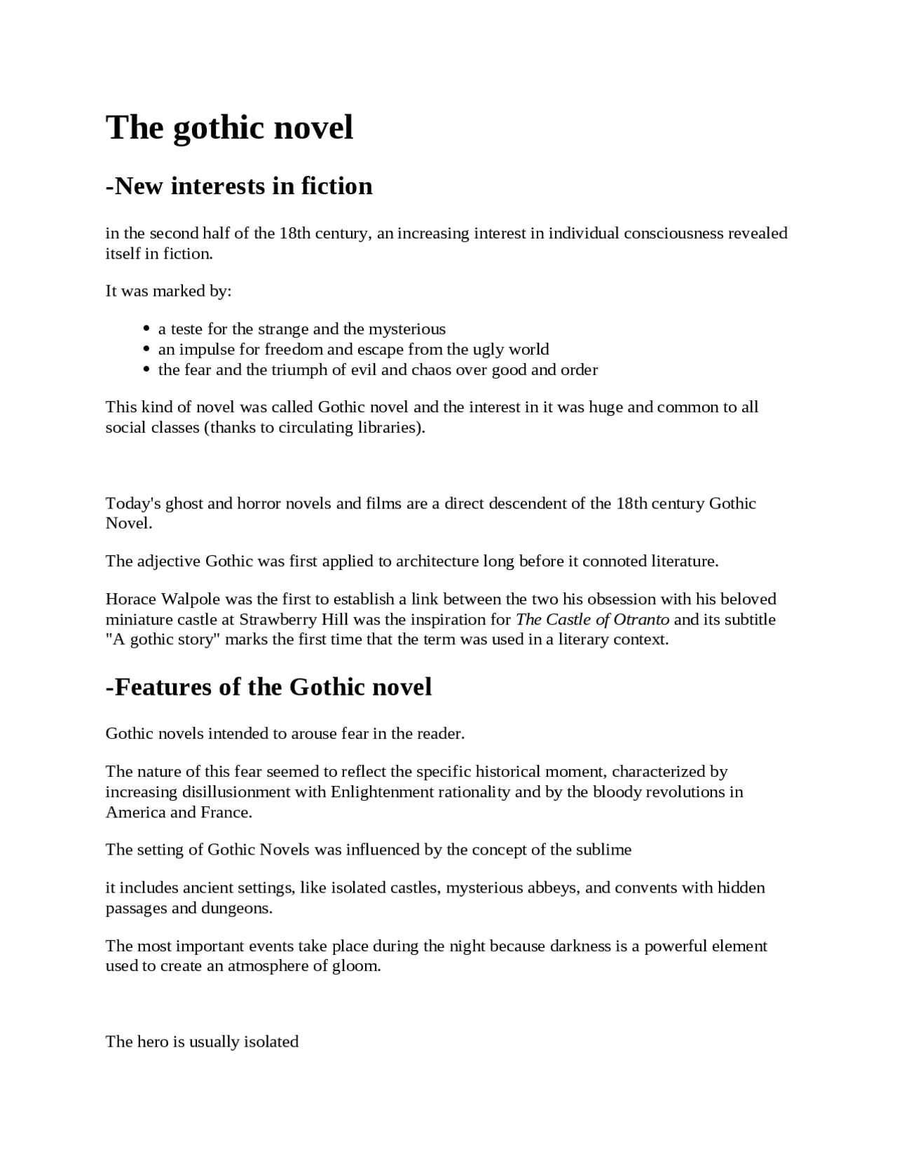 The Gothic Novel Introduction Features Docsity