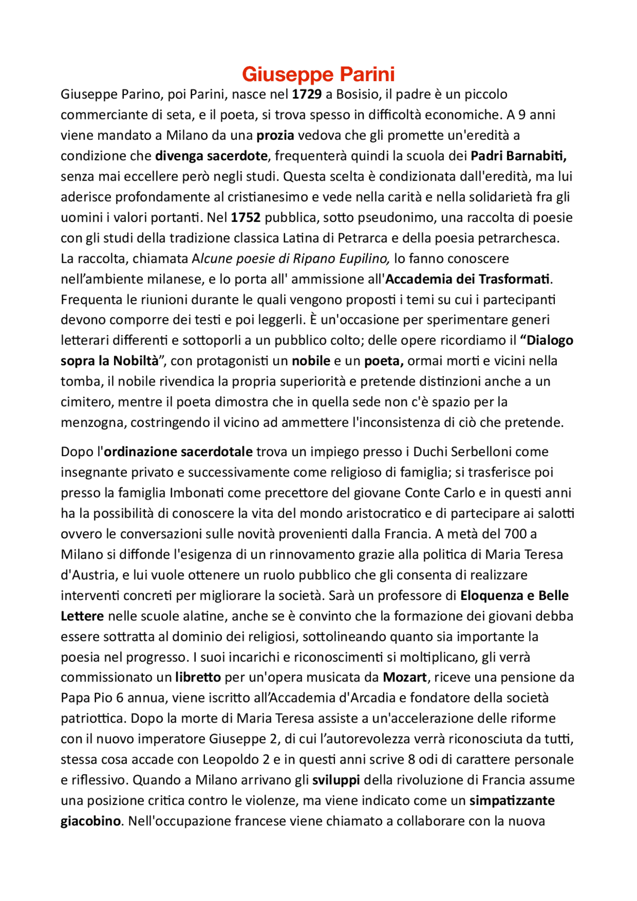 Giuseppe Parini Vita E Opere Docsity