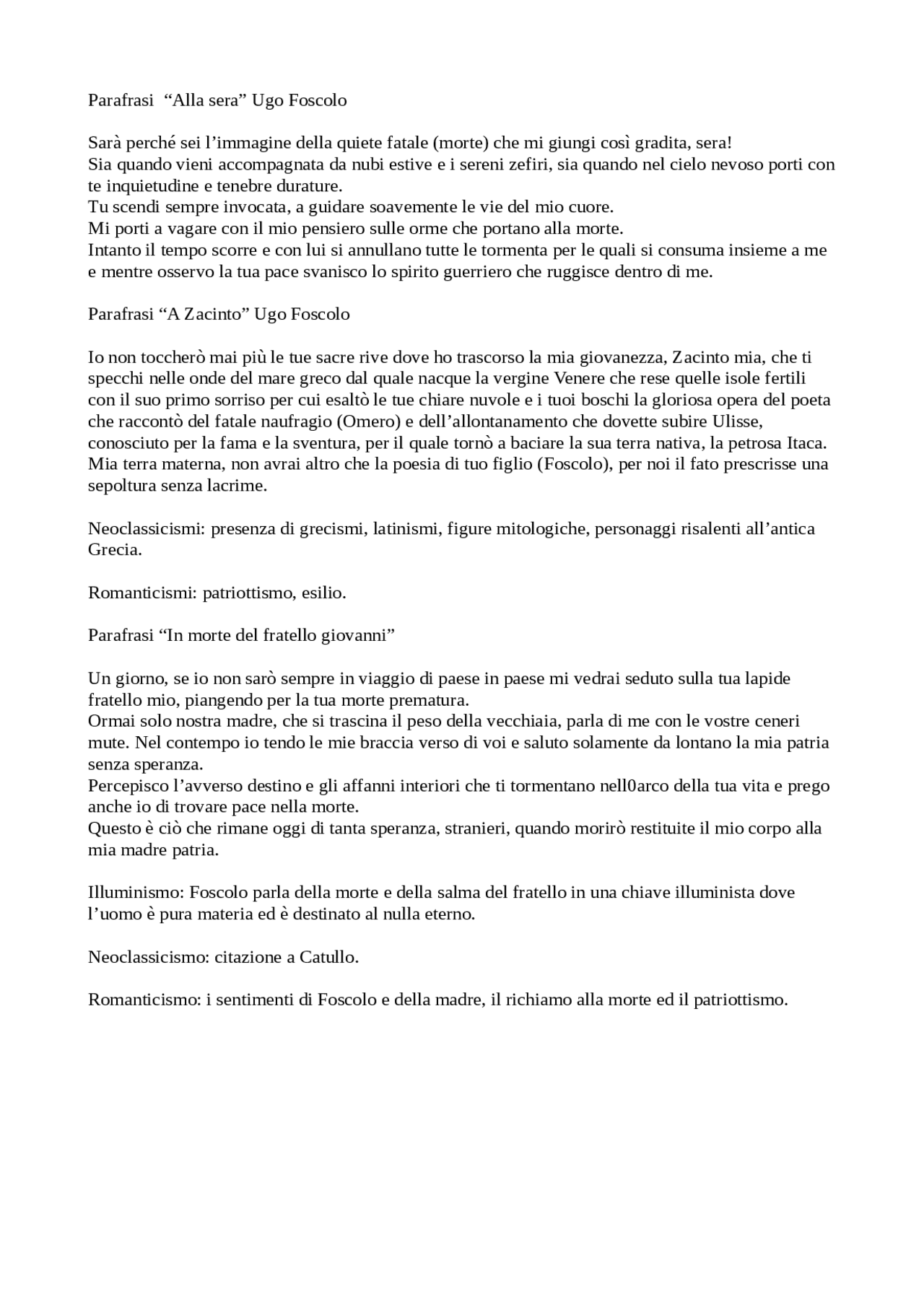Foscolo Alla Sera Zacinto Docsity