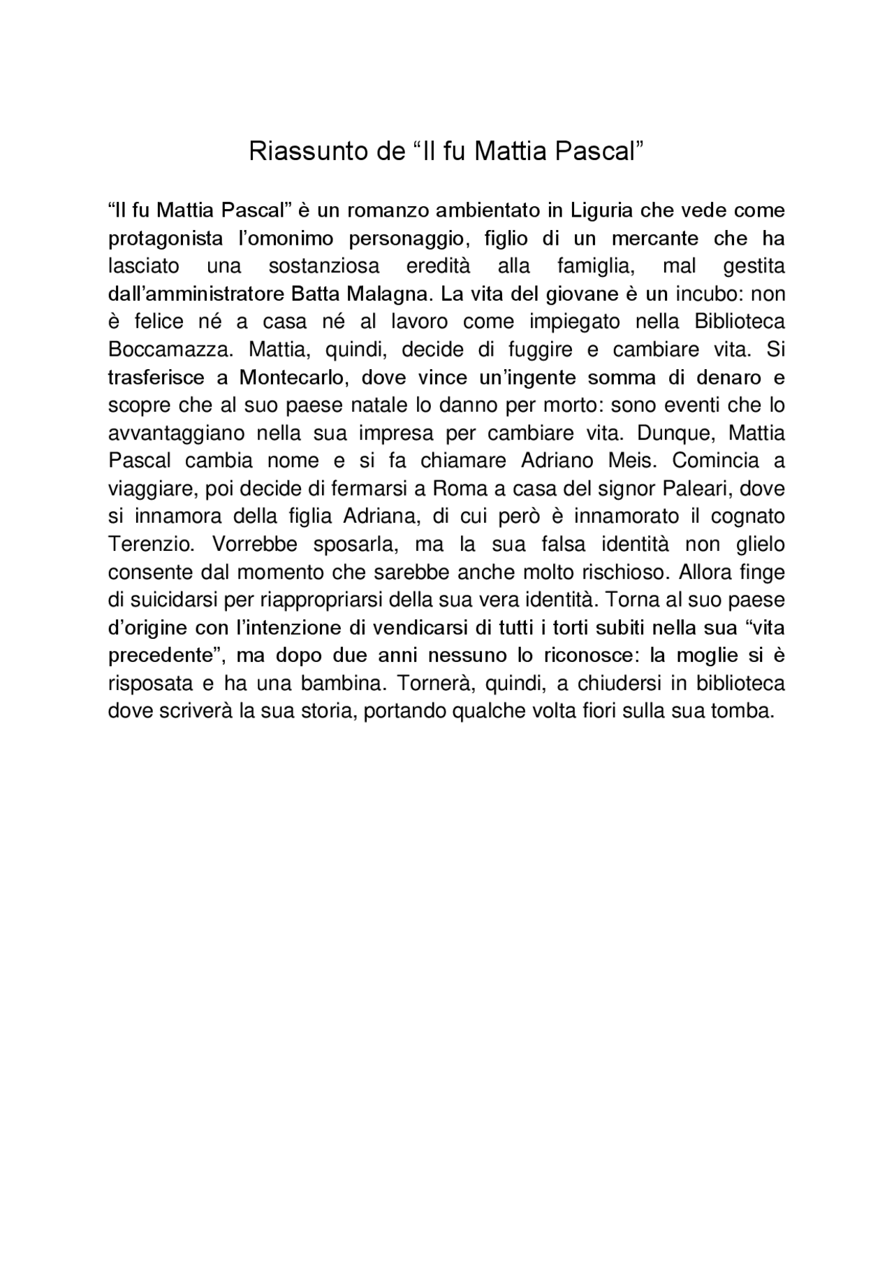 Riassunto De Il Fu Mattia Pascal Docsity