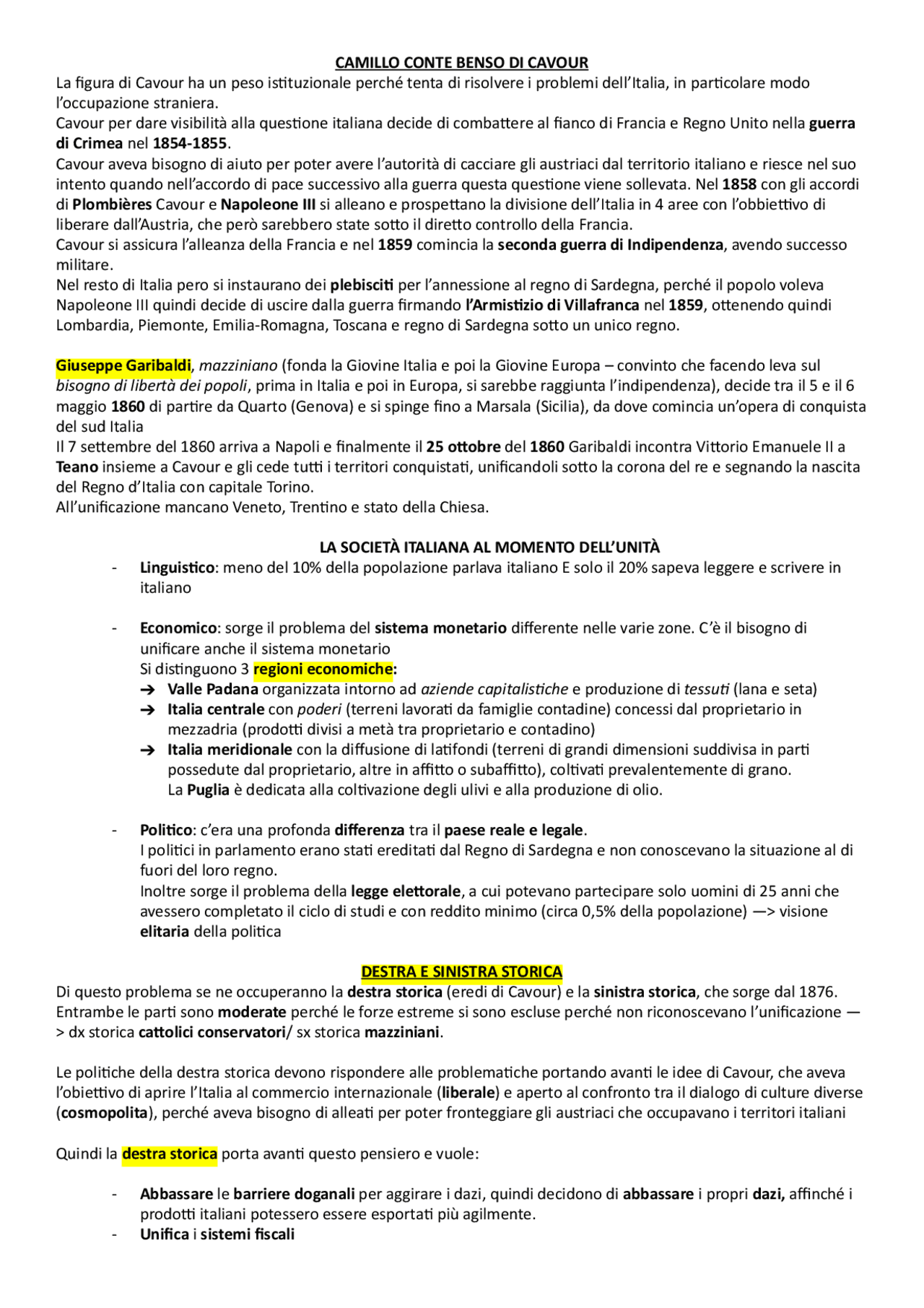 L'Unità d'Italia e i tre protagonisti principali - Docsity