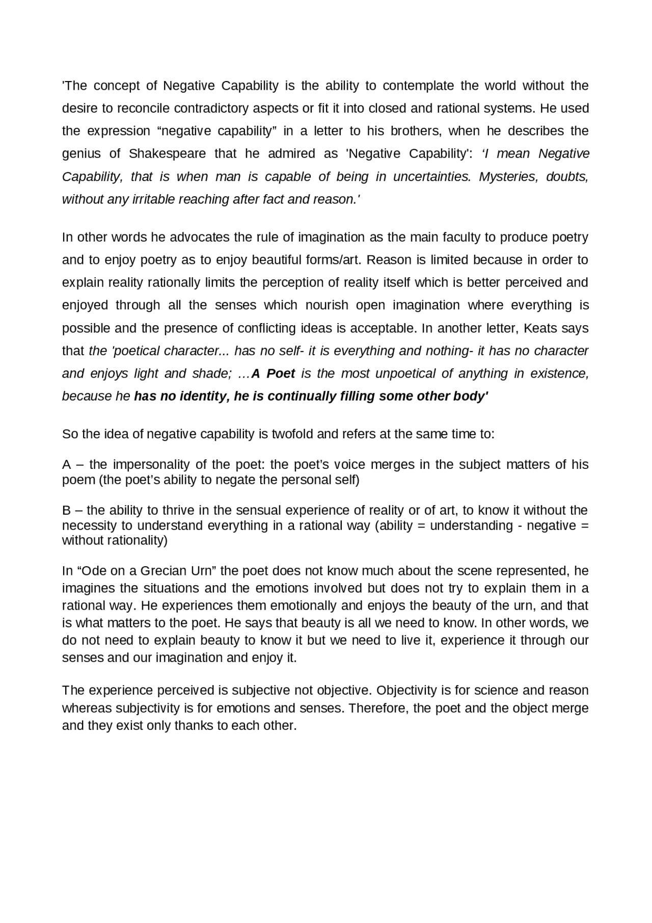 Negative capability and keats - Docsity