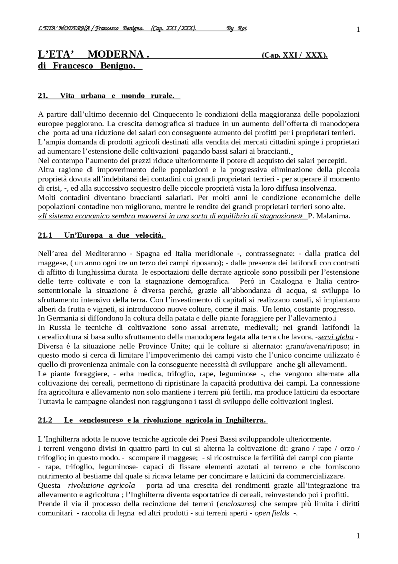 Storia Moderna Di Benigno Docsity