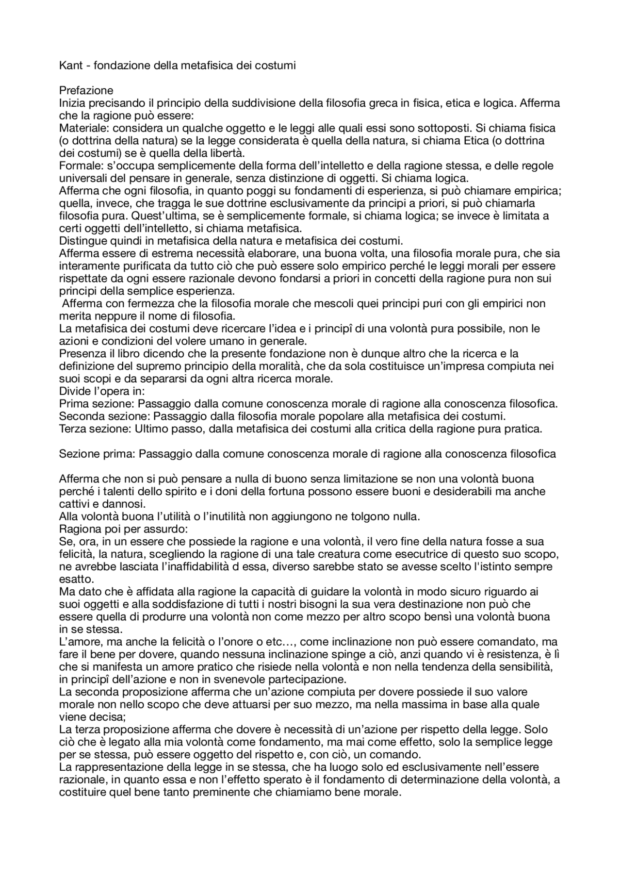 Sintesi Del Libro Fondazione Della Metafisica Dei Costumi Docsity