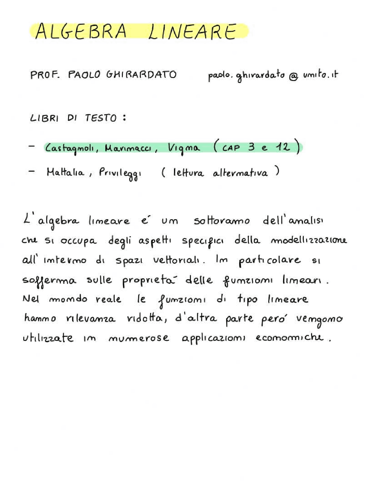 Appunti Di Matematica Per Leconomia 2 Algebra Lineare Docsity
