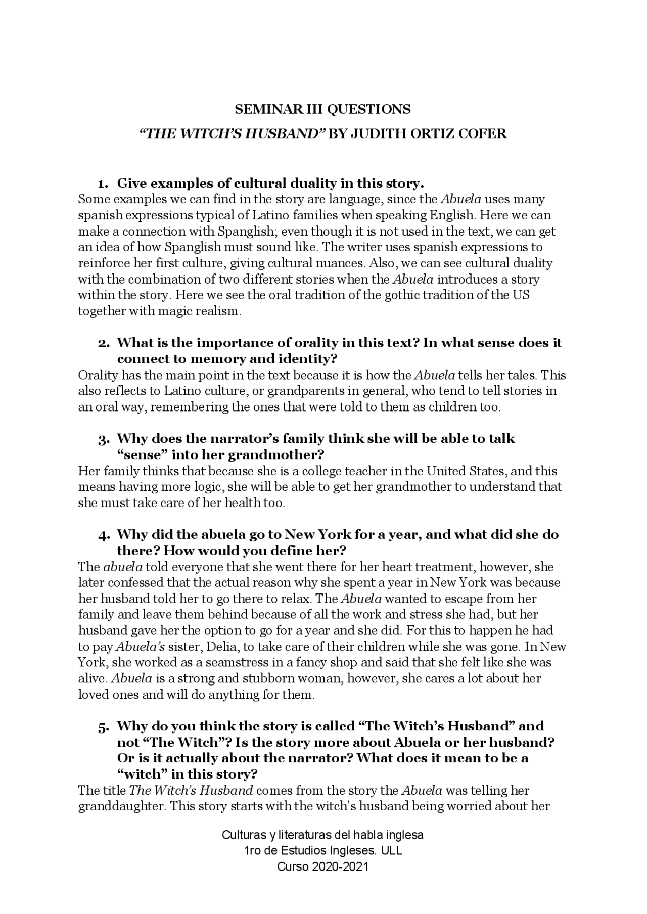 SEMINAR 2 “THE WITCH’S HUSBAND” BY JUDITH ORTIZ COFER - Docsity