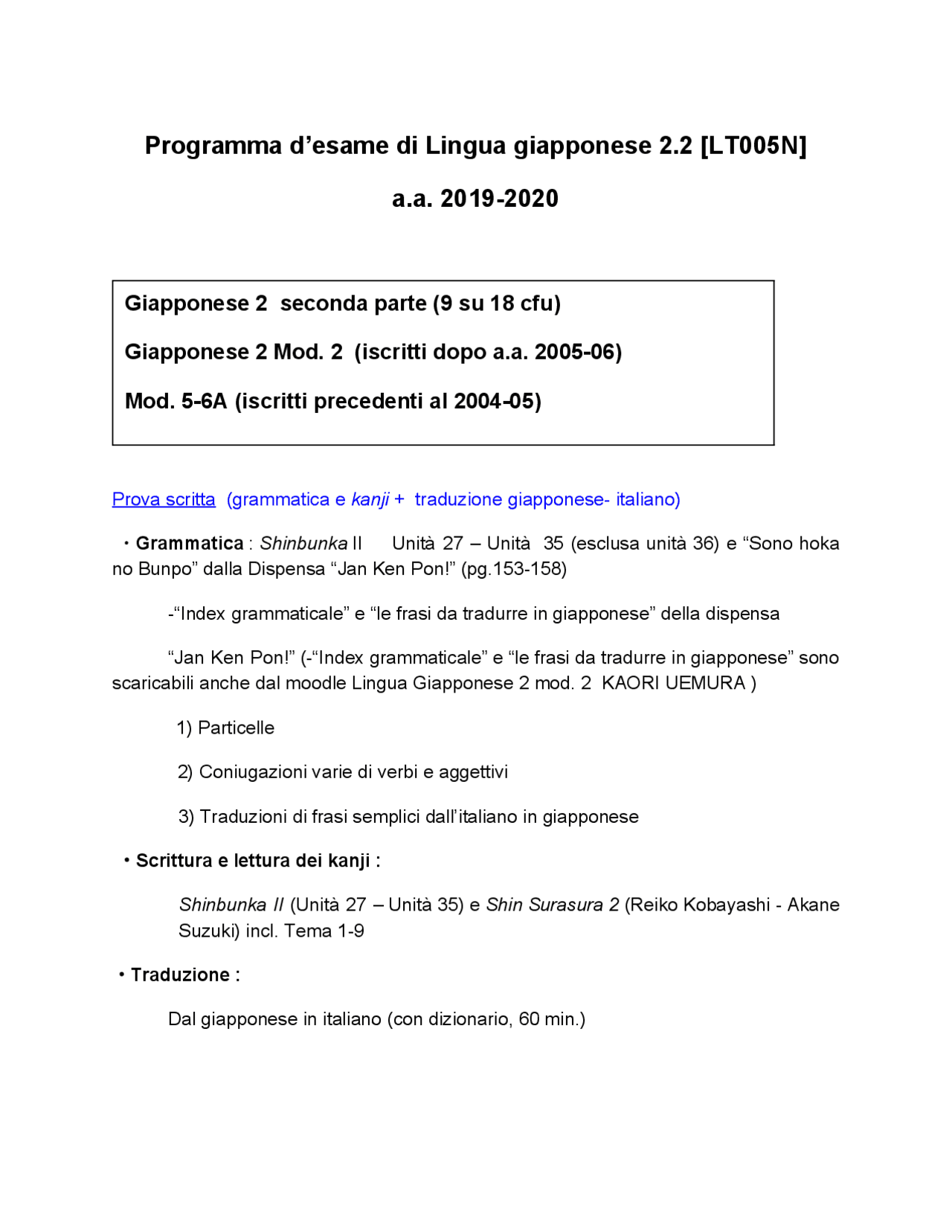 Programma d'esame lingua giapponese - Docsity