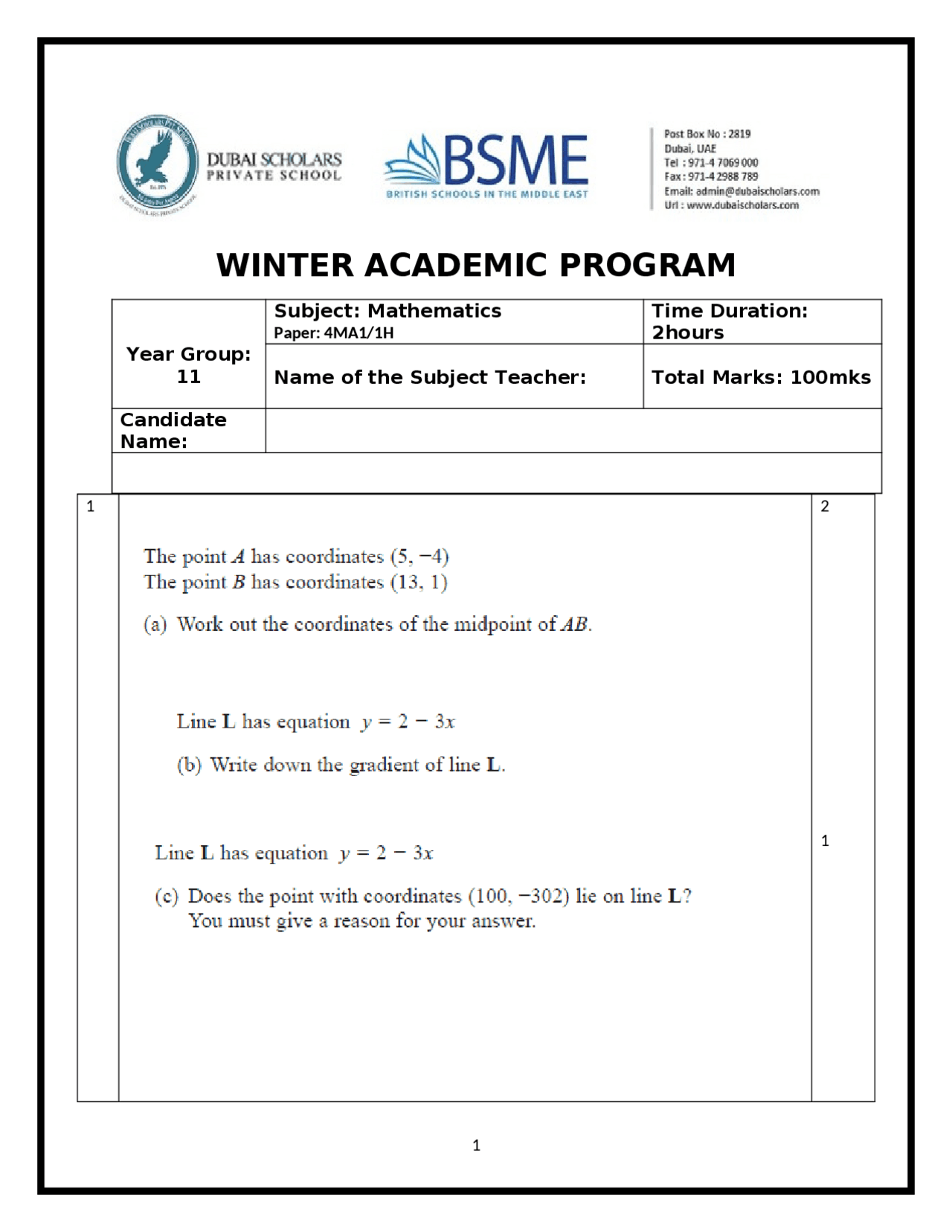 Winter Holiday Homework Math Assignment Docsity