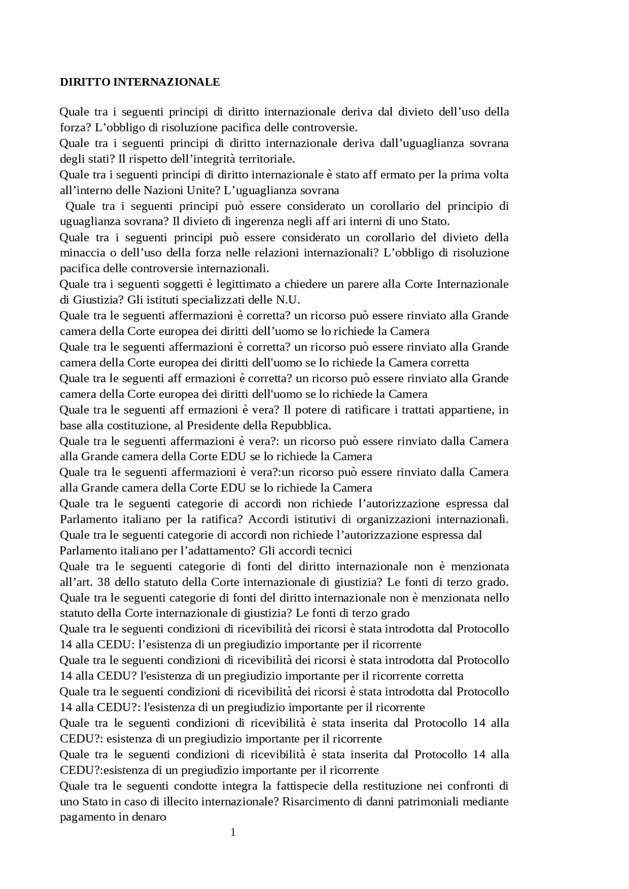Diritto internazionale domende complete - Docsity