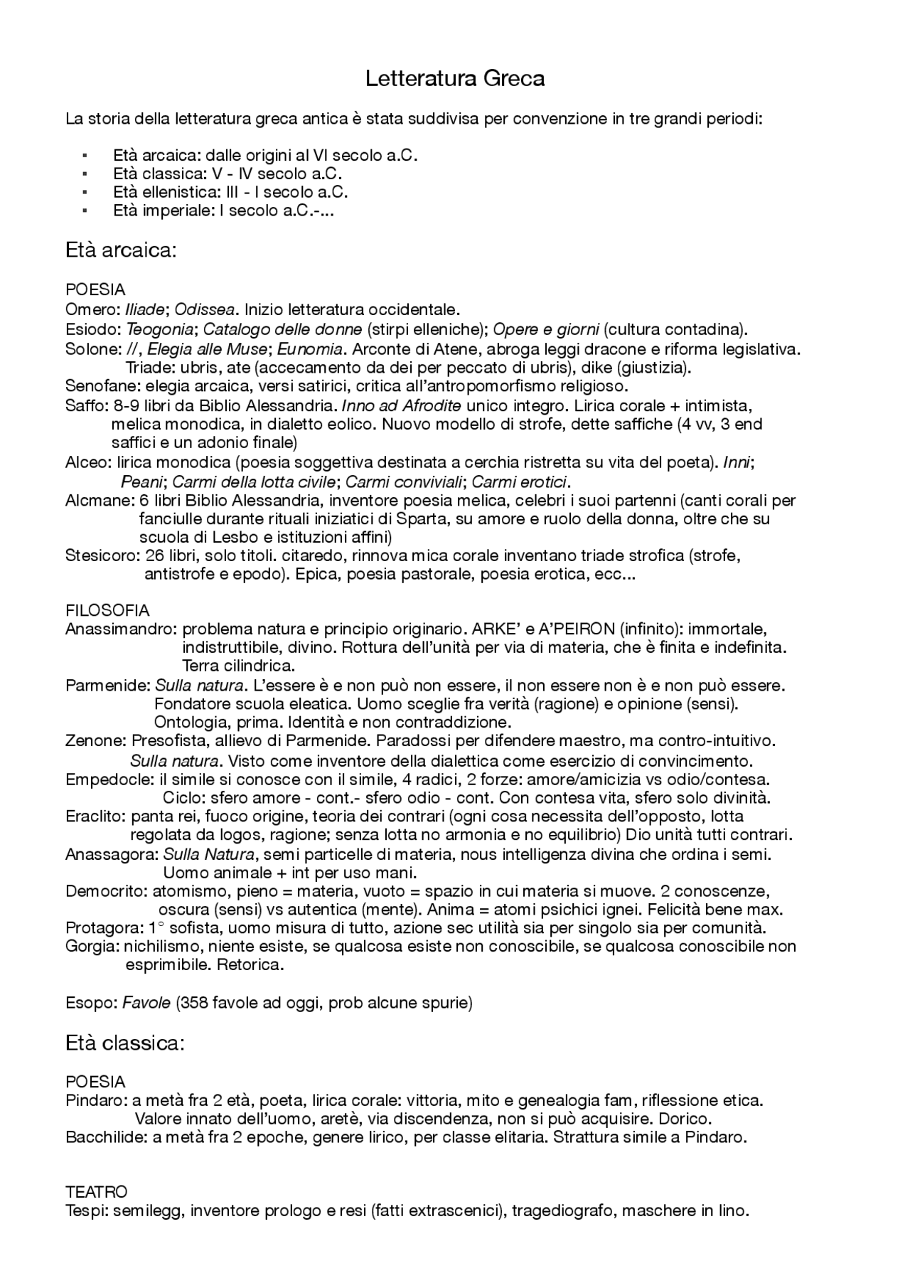 Riassunto conciso letteratura greca - Docsity