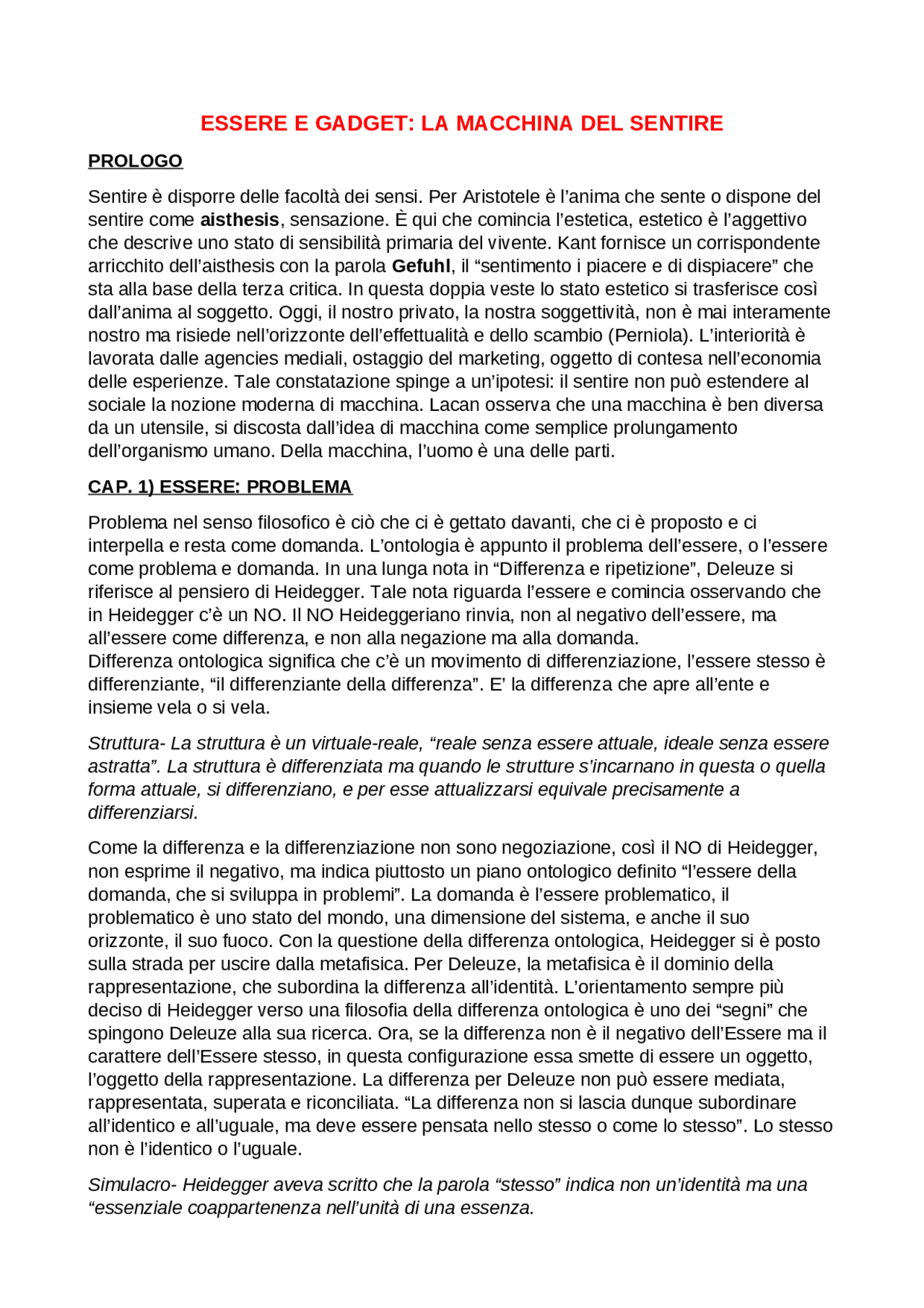 Riassunto Essere E Gadget Docsity