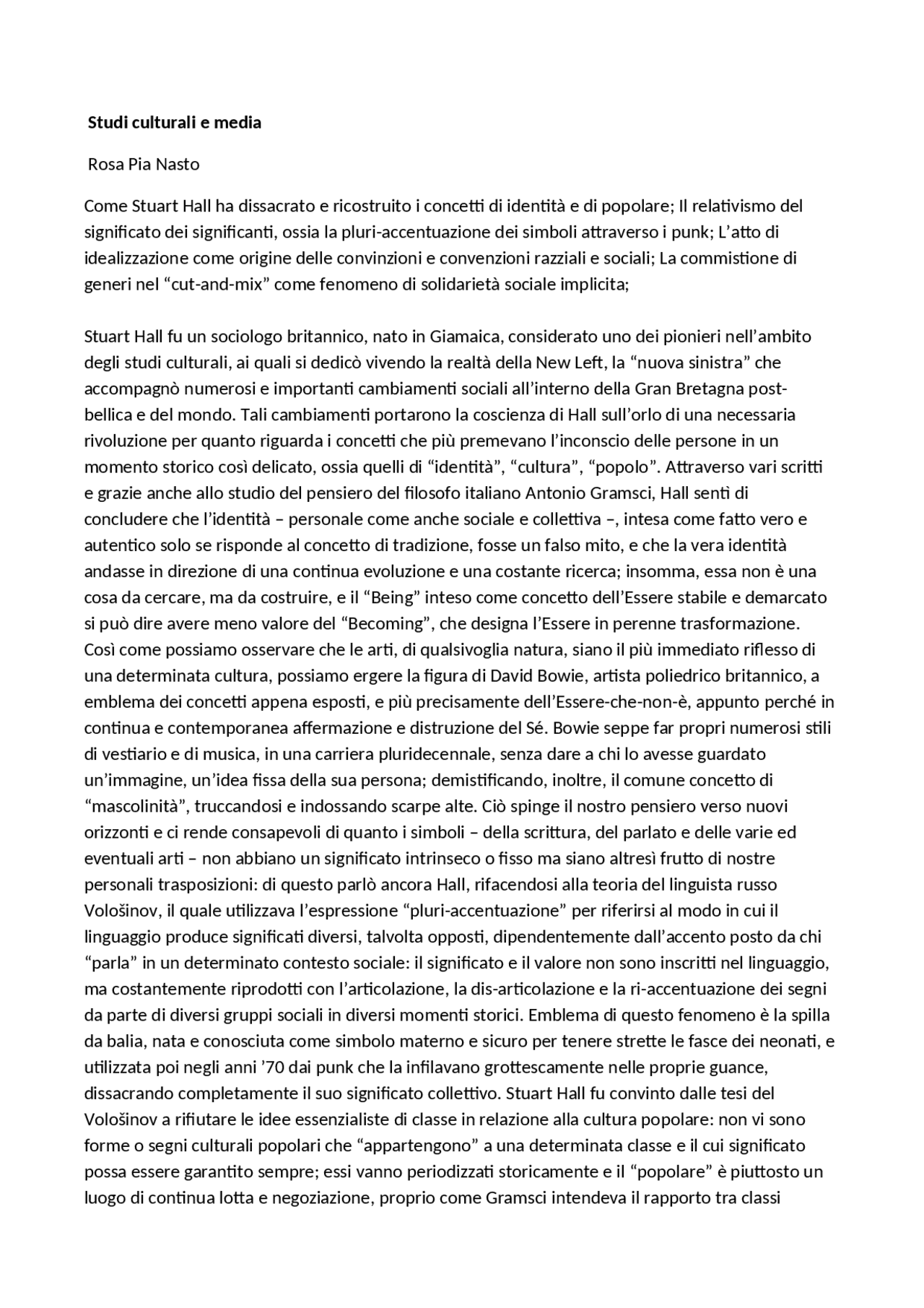 Studi culturali e media - Docsity