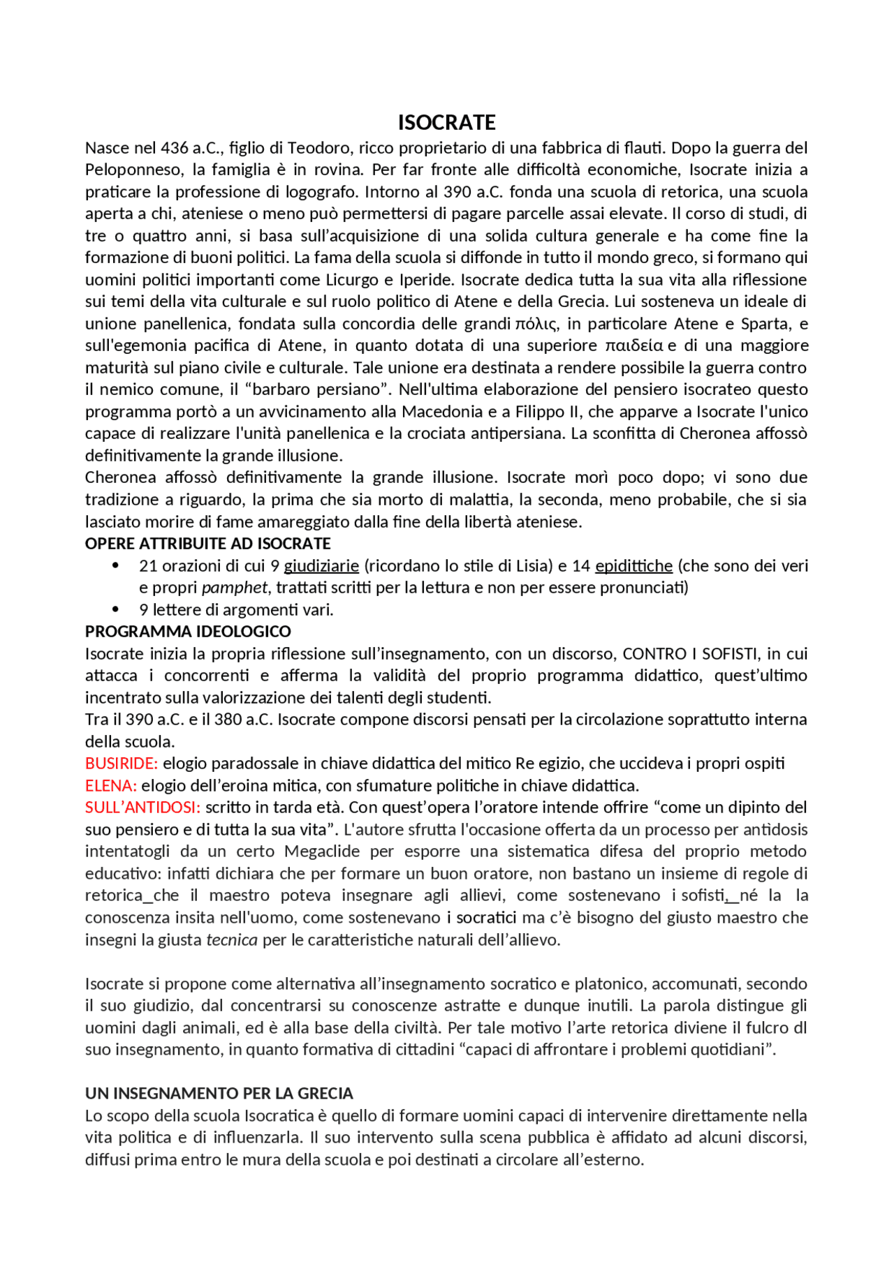 Isocrate- vita e opere e programma ideologico - Docsity
