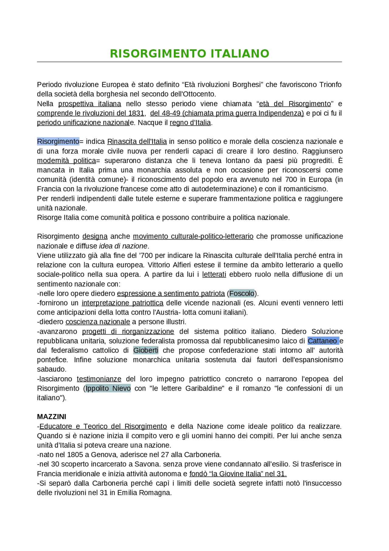 Appunti Sul Risorgimento Italiano E Su Mazzini Docsity