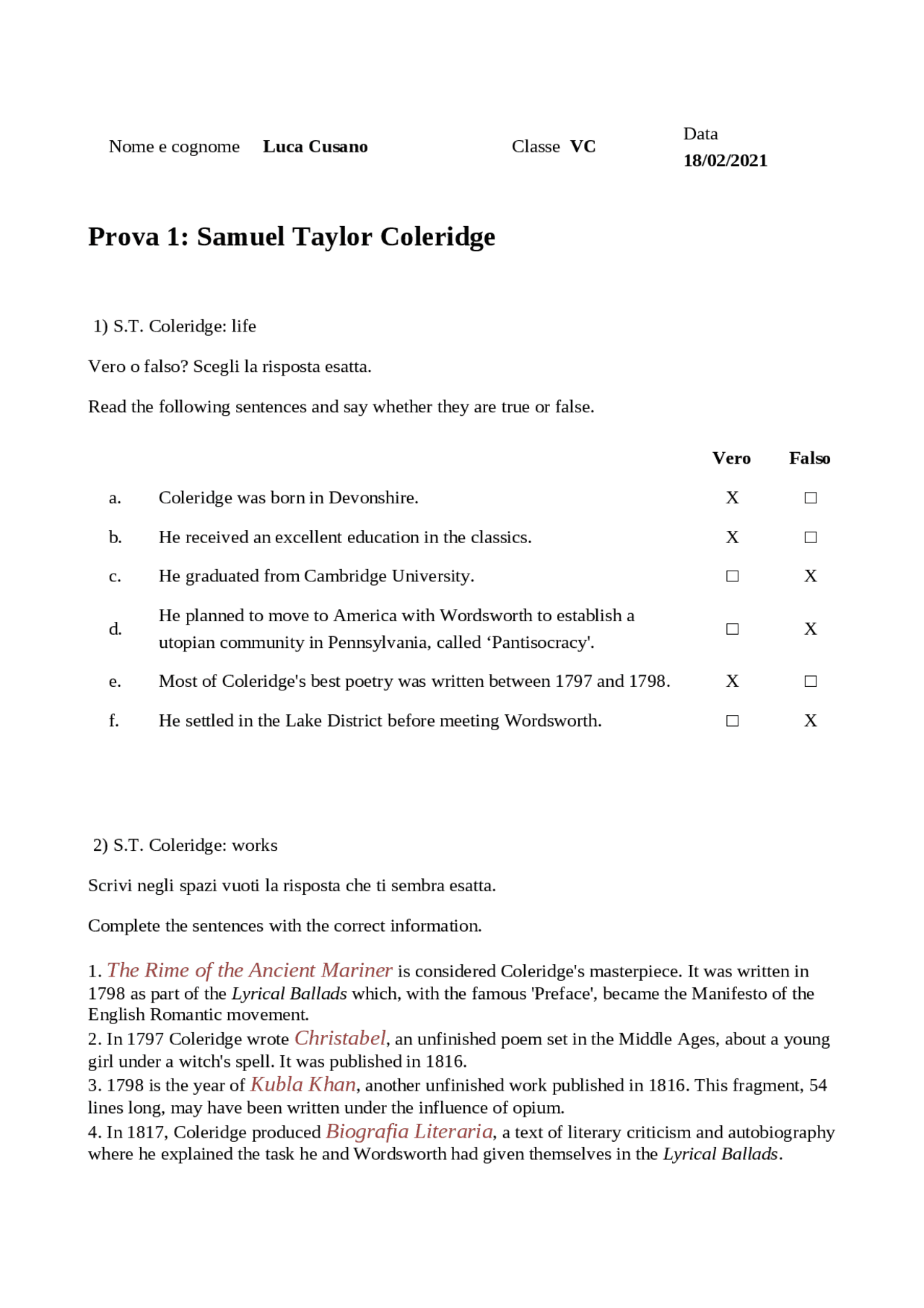 Coleridge Esercitazione Guide Progetti E Ricerche Di Inglese Docsity