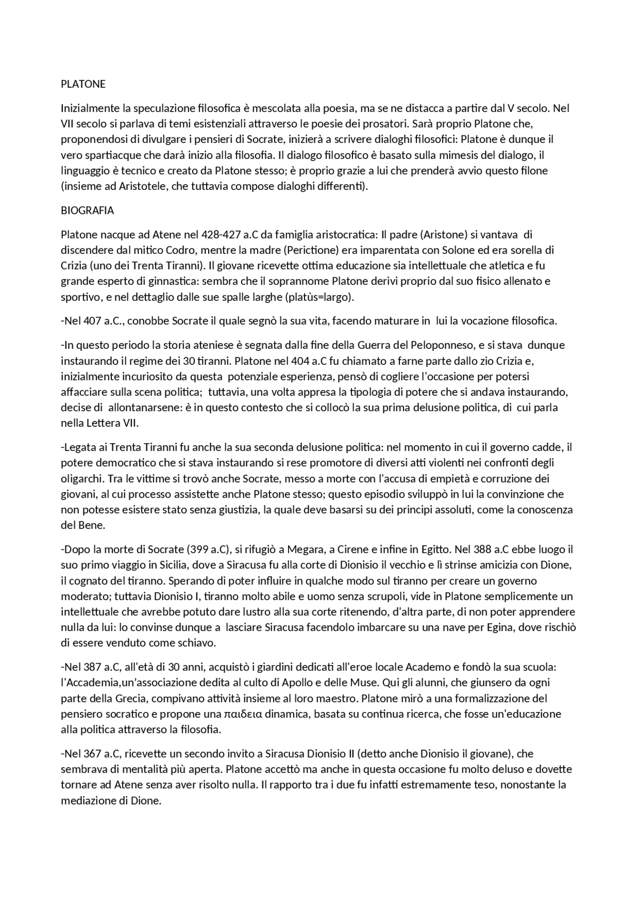 Platone: biografia e corpus delle opere - Docsity