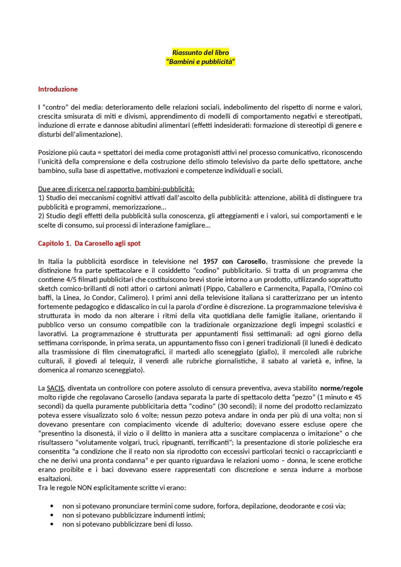 Riassunto Bambini E Pubblicità Docsity