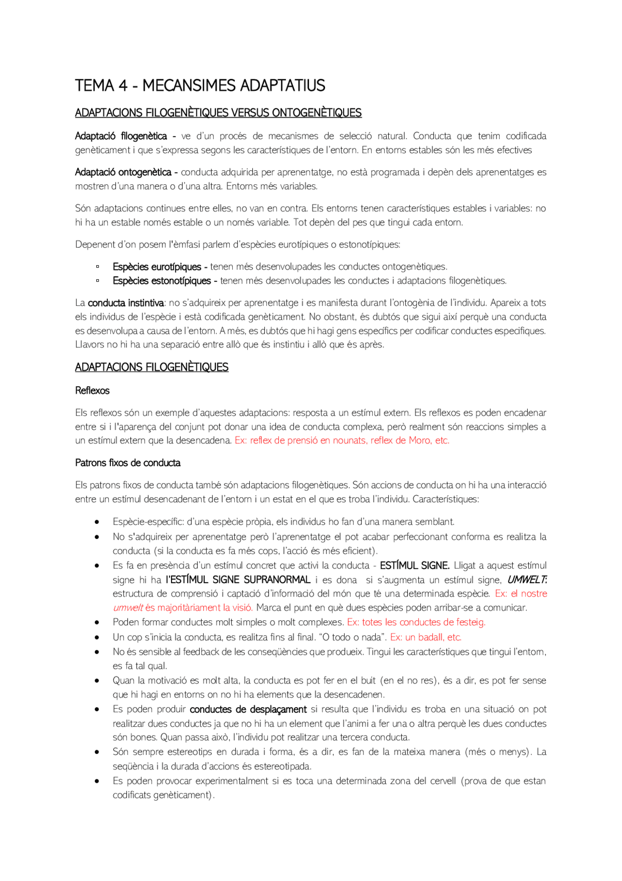 TEMA 4 - MECANISMES ADAPTATIUS - Docsity