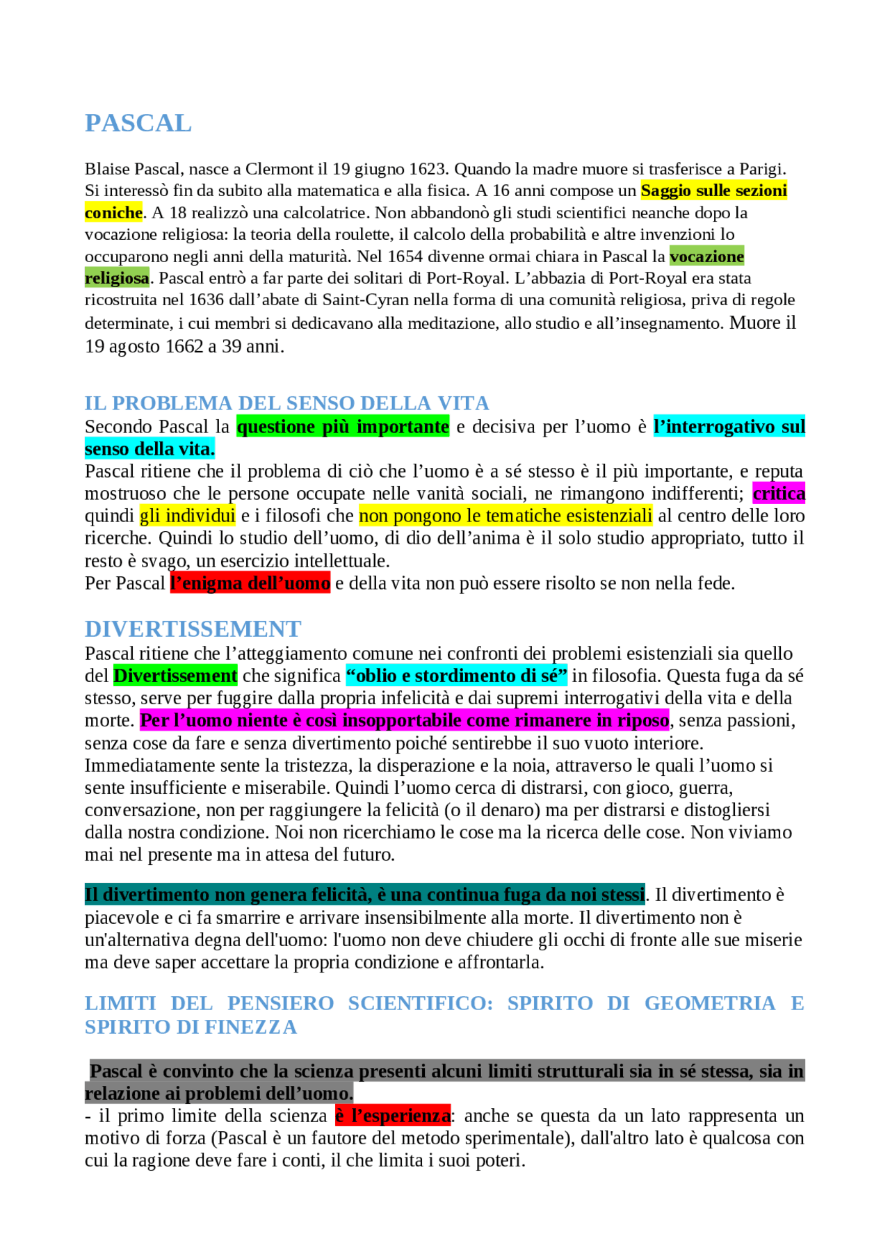 Pascal Pensiero Filosofico Docsity