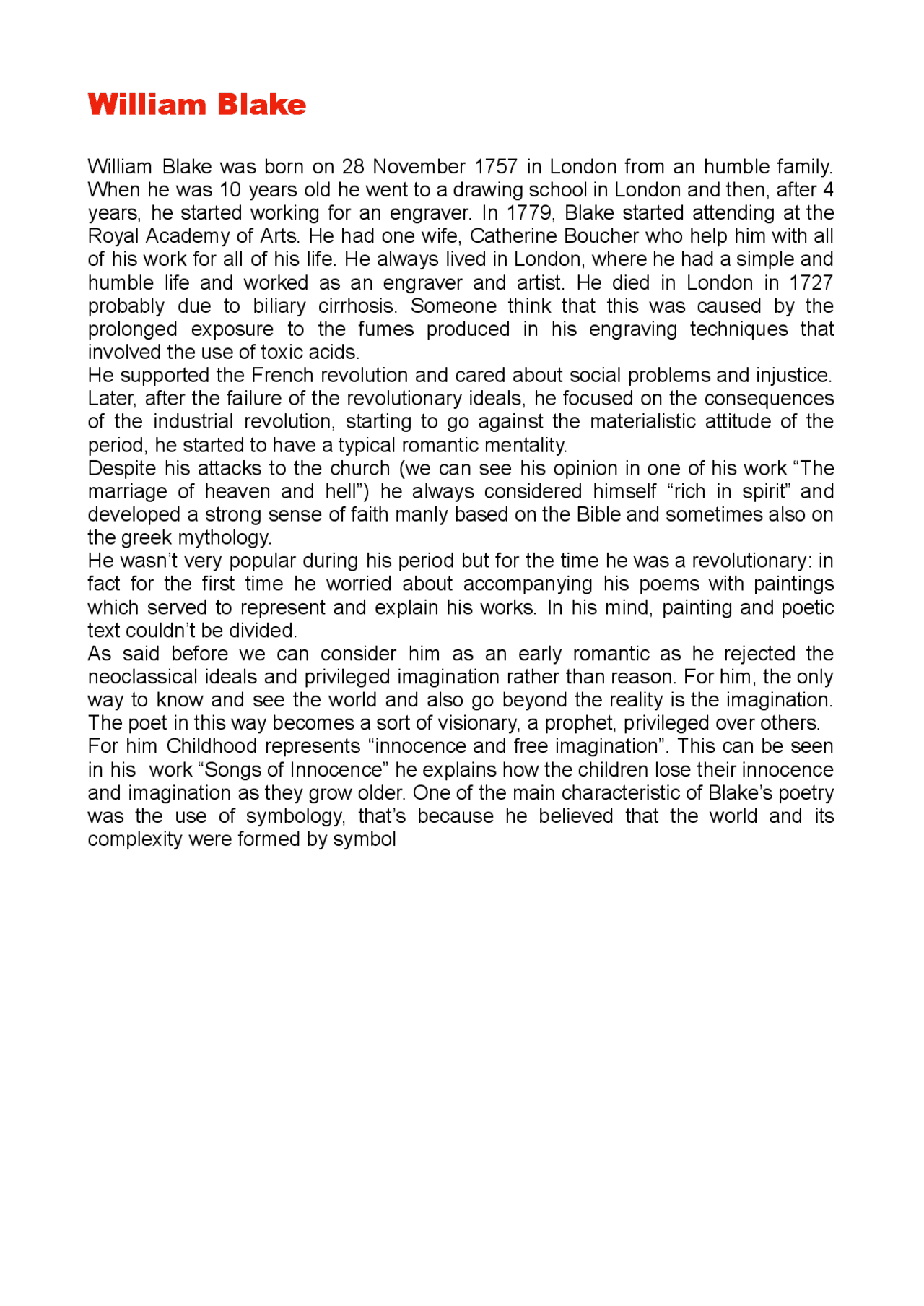 William Blake and his letterature - Docsity