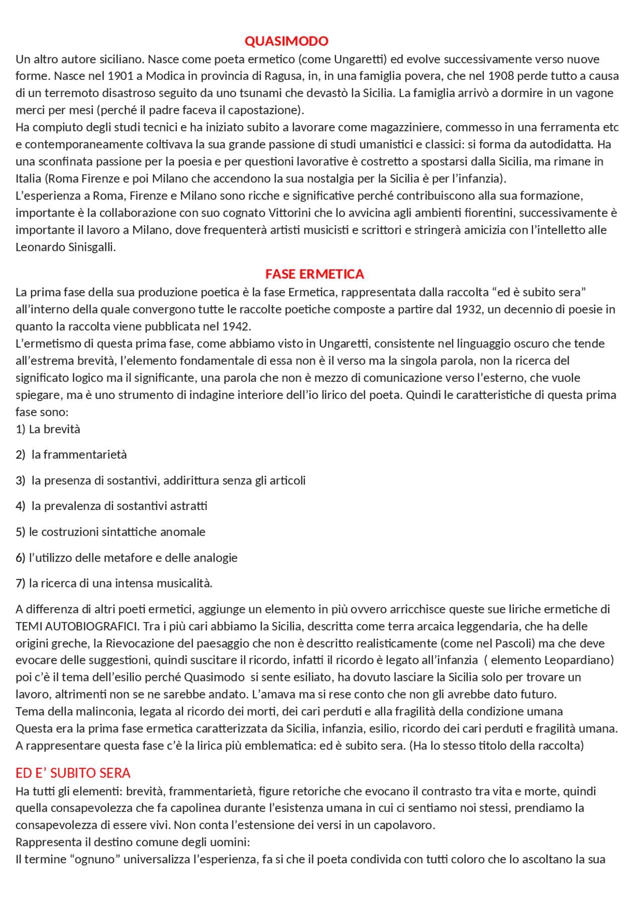Quasimodo Riassunto Con Opere Docsity