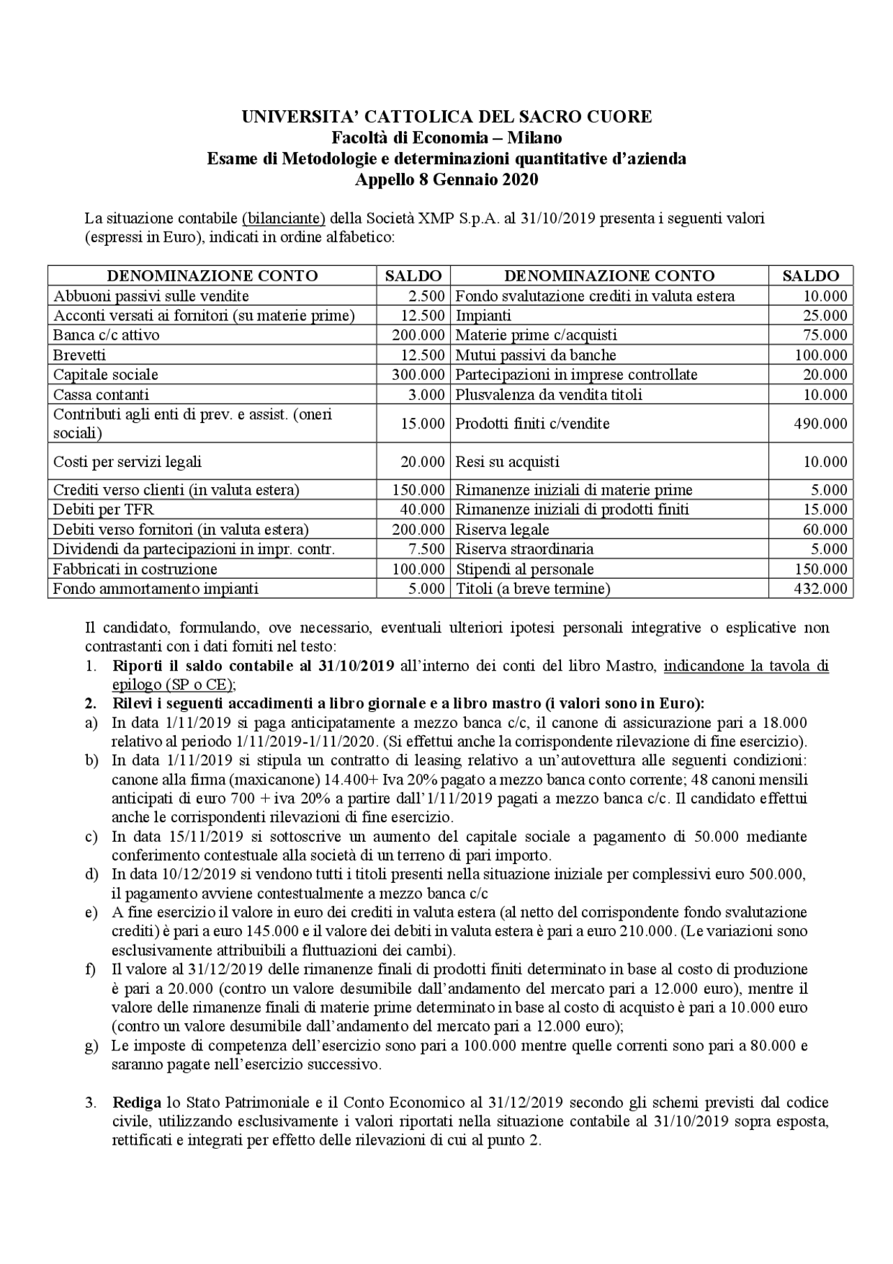 Prova Esame Gennaio 2020 Docsity