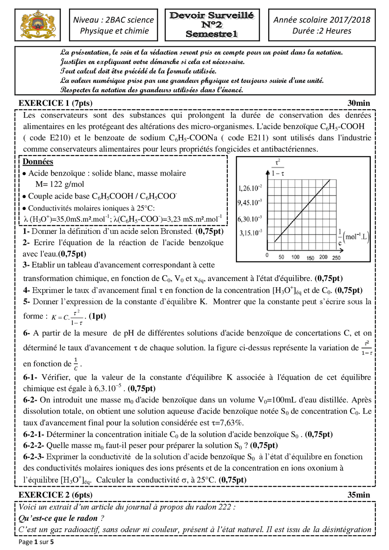 devoir surveillé 2 science physique | Exercises Physics | Docsity