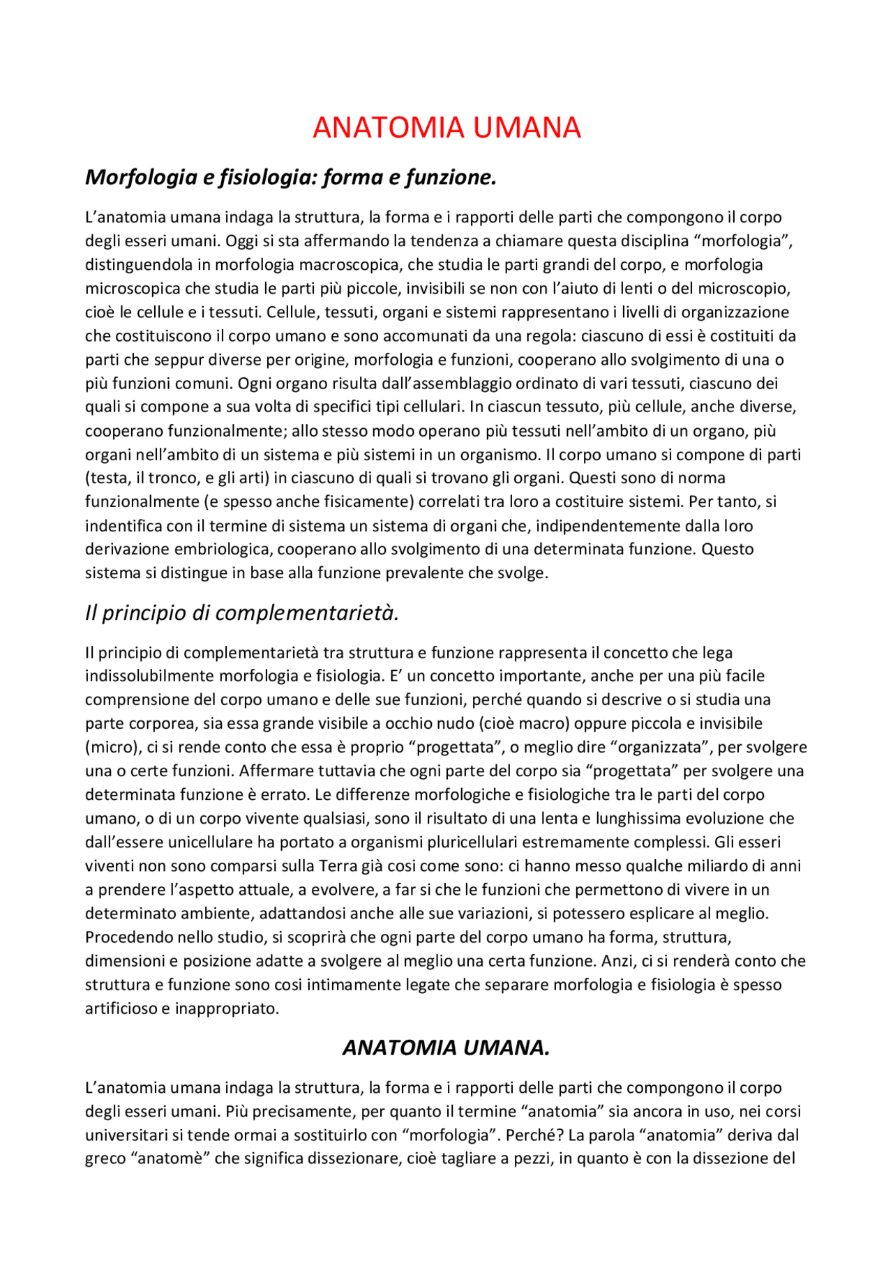 Riassunto Anatomia Umana Docsity