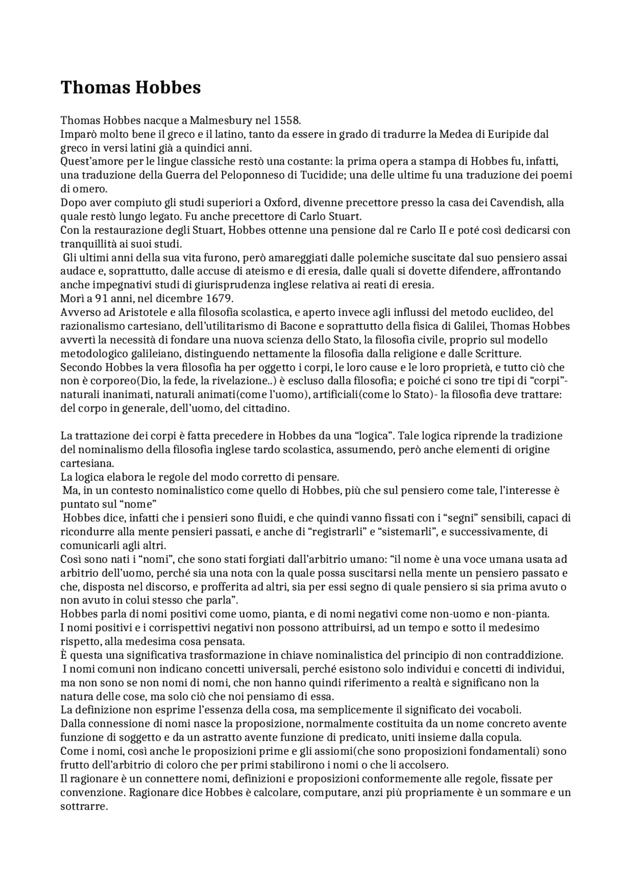 Thomas Hobbes Riassunto Docsity