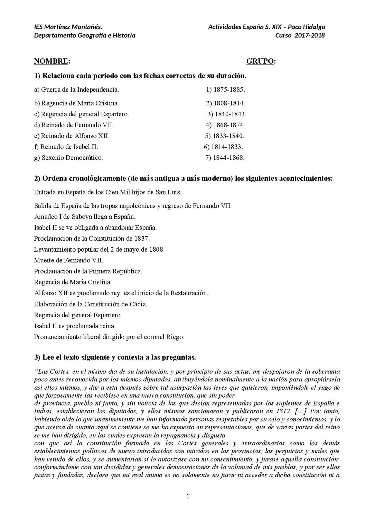 Ejercicios De La Historia De España Ejercicios De Historia De España