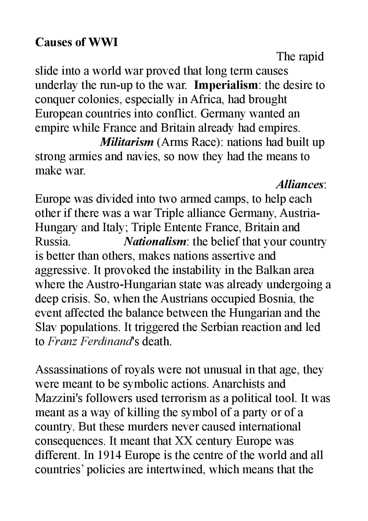 Causes of WWI, storia in inglese - Docsity