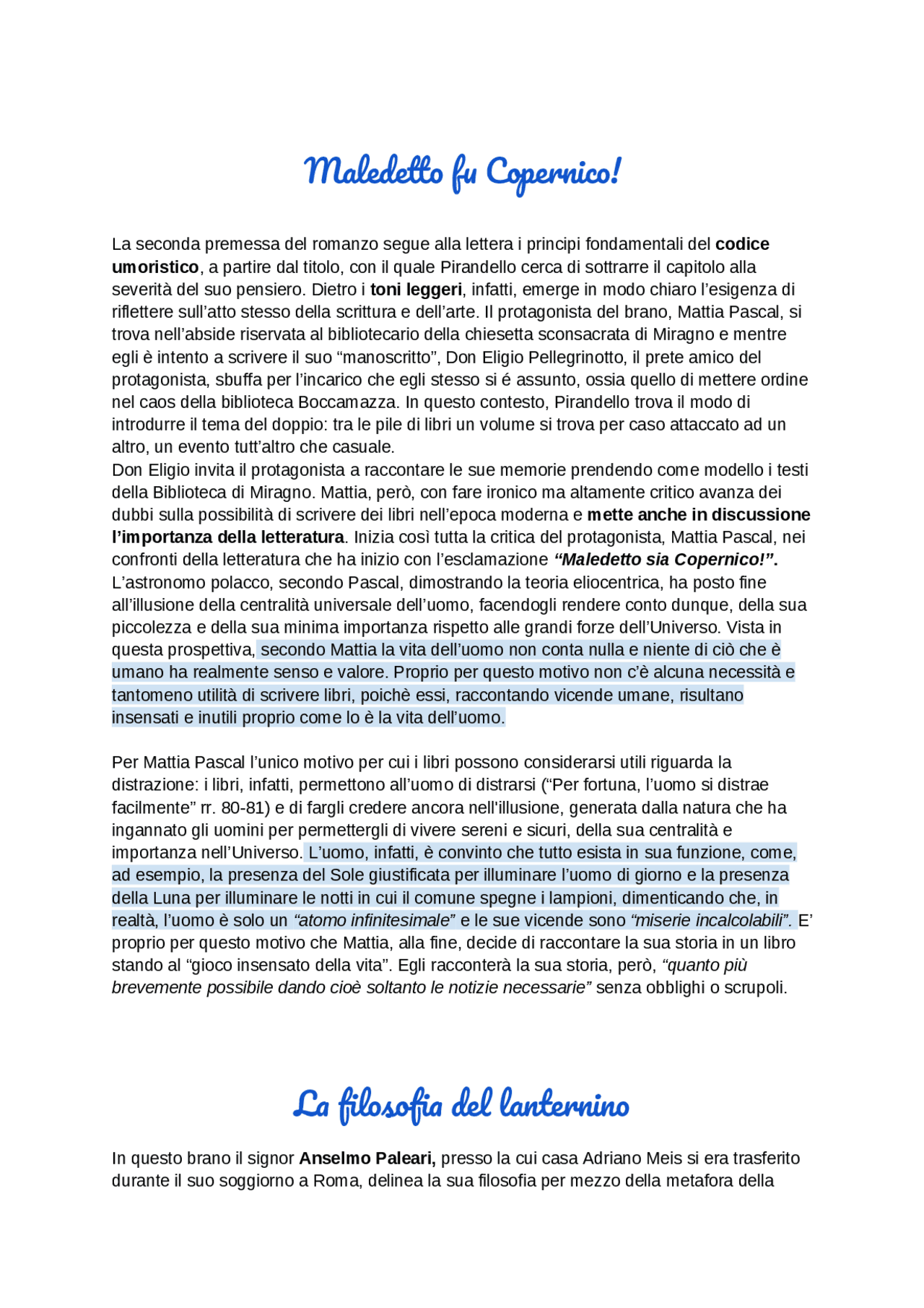 Riassunto Brani Di Il Fu Il Mattia Pascal Di Pirandello Docsity