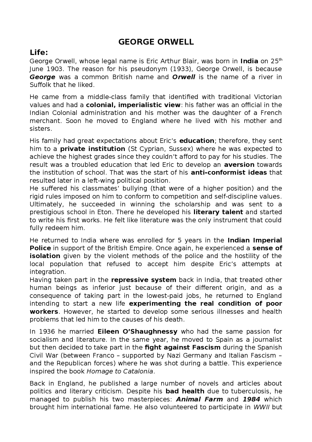 George Orwell - life, ideas and 1984 - Docsity