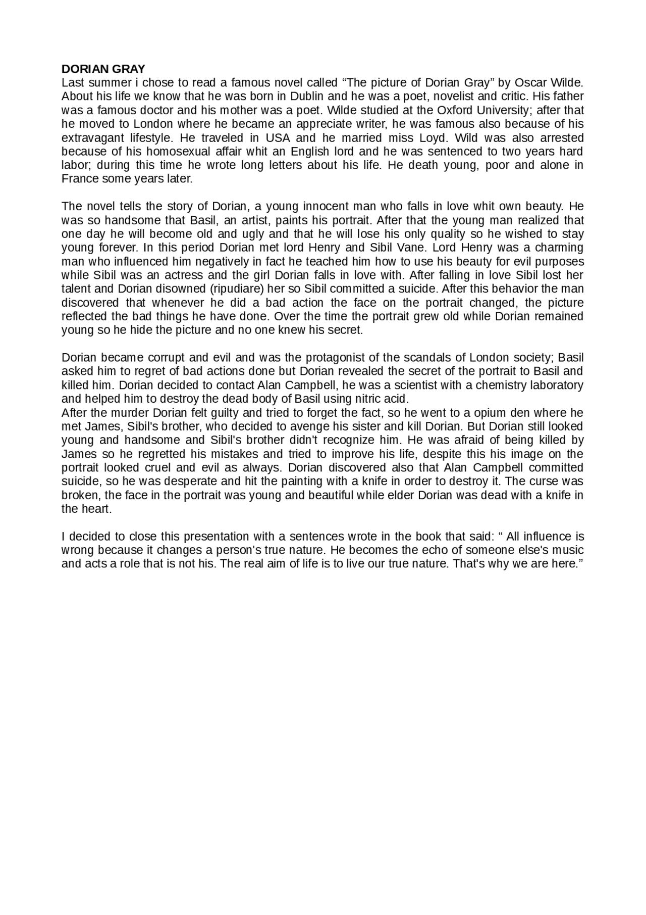 Riassunto De The Picture Of Dorian Gray In Inglese Docsity