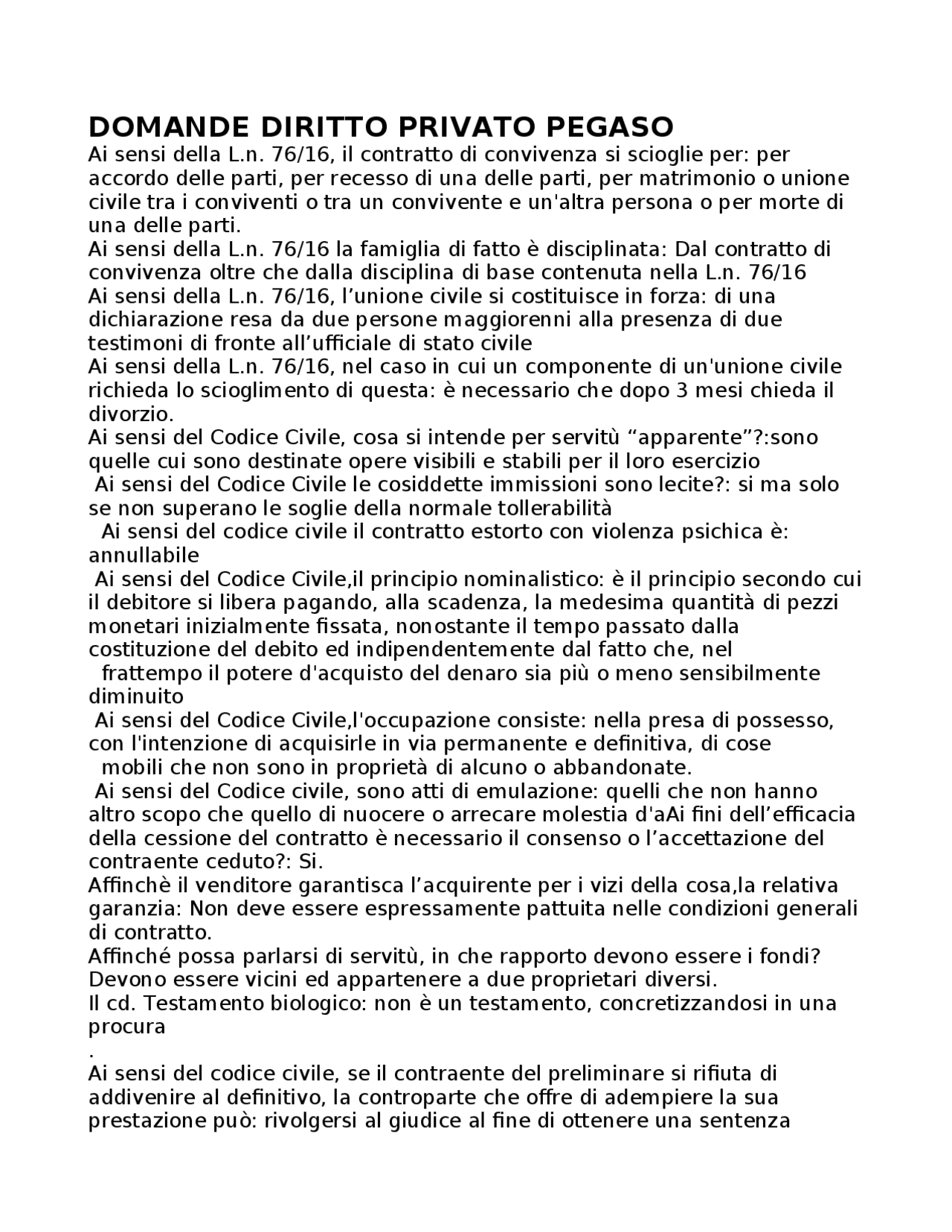 DOMANDE DI DIRITTO PRIVATO PEGASO - Docsity